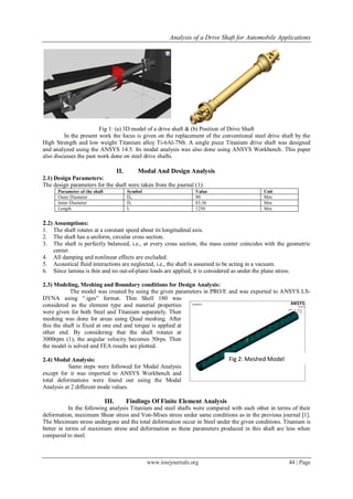 Analysis of a Drive Shaft for Automobile Applications | PDF