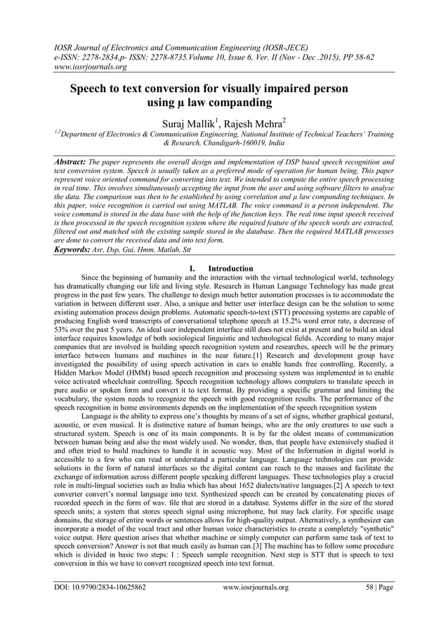 Speech to text conversion for visually impaired person using µ law companding | PDF