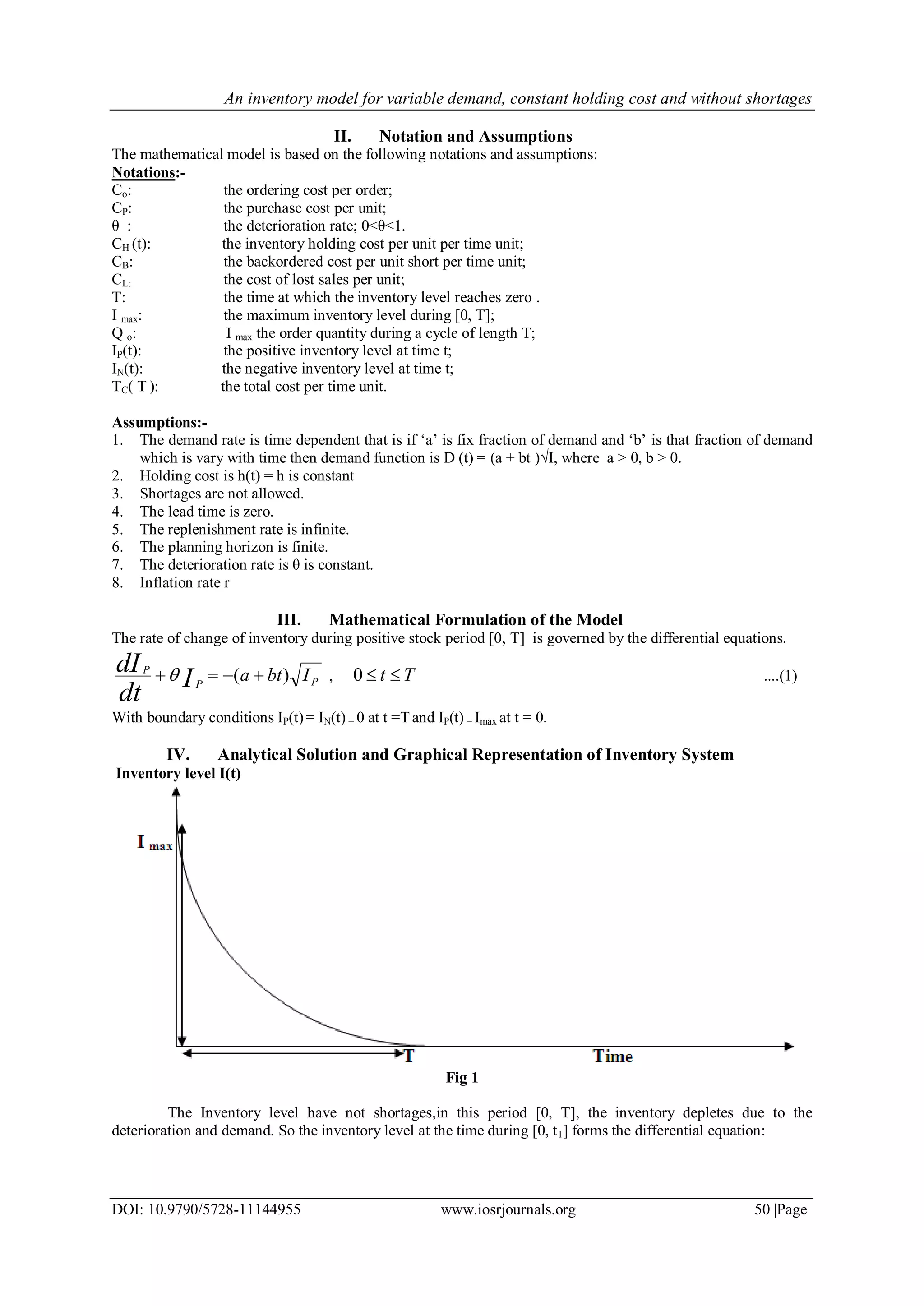 An Inventory Model For Variable Demand Constant Holding Cost And