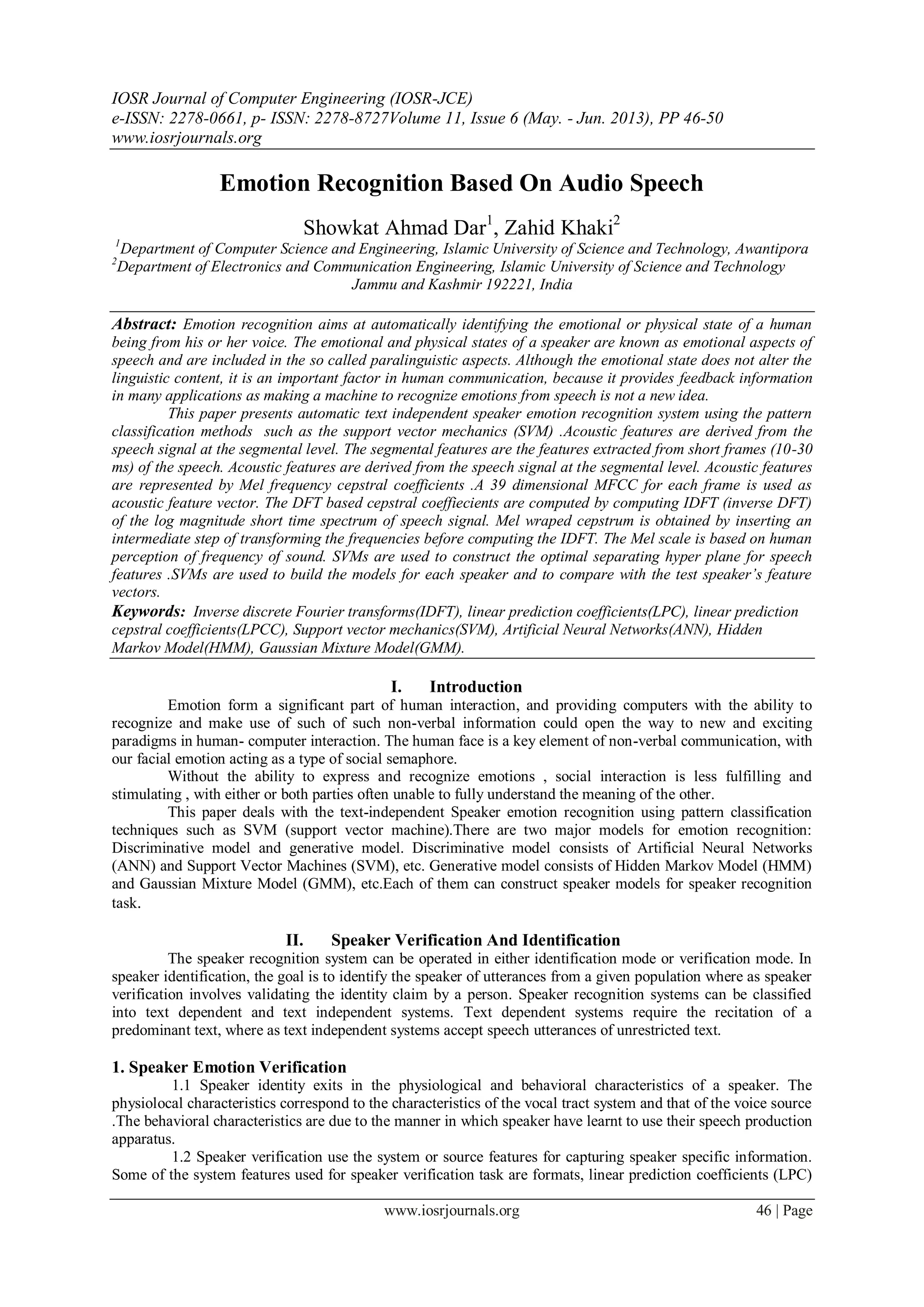 Emotion Recognition Based On Audio Speech | PDF