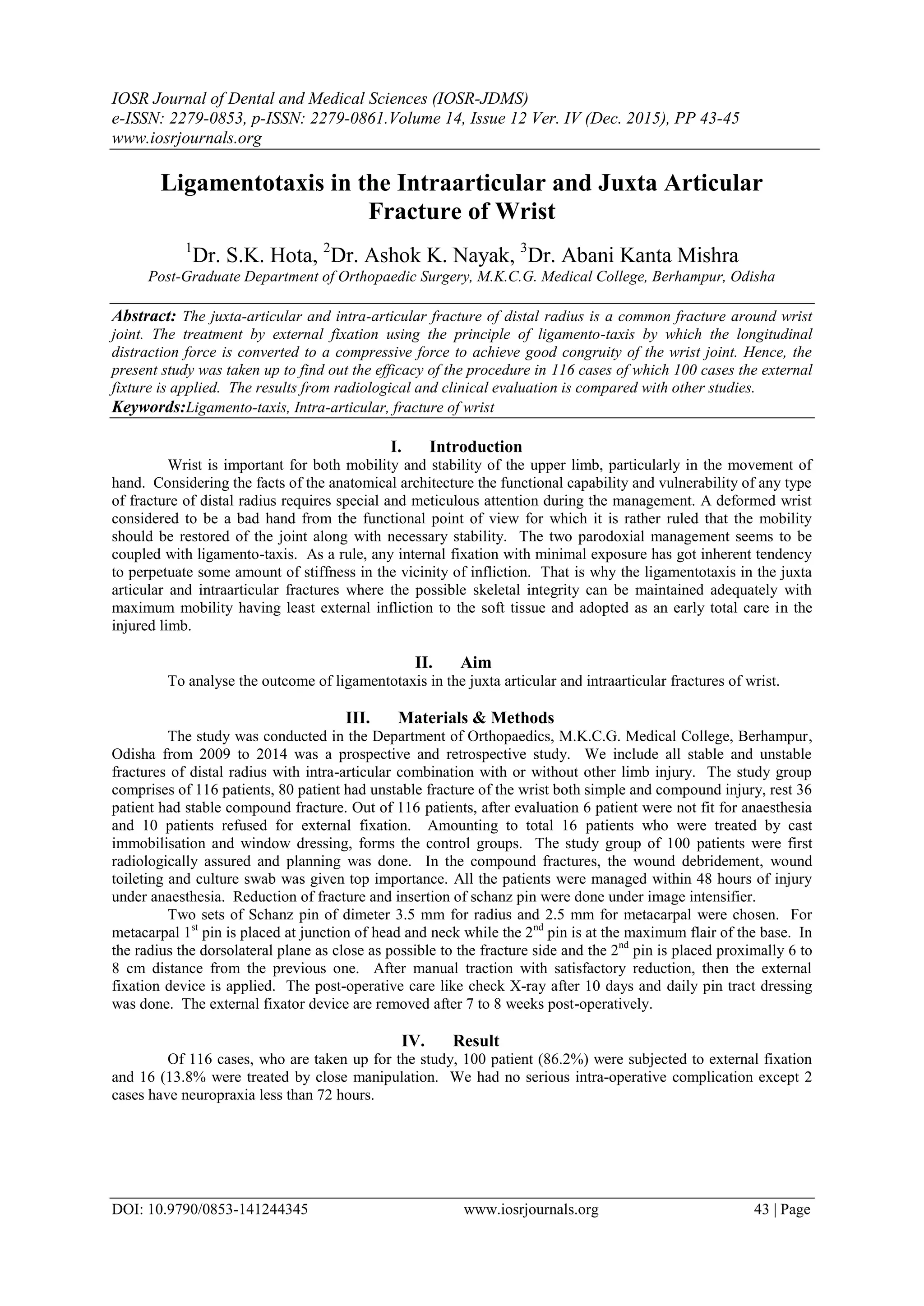 Ligamentotaxis in the Intraarticular and Juxta Articular Fracture of Wrist | PDF