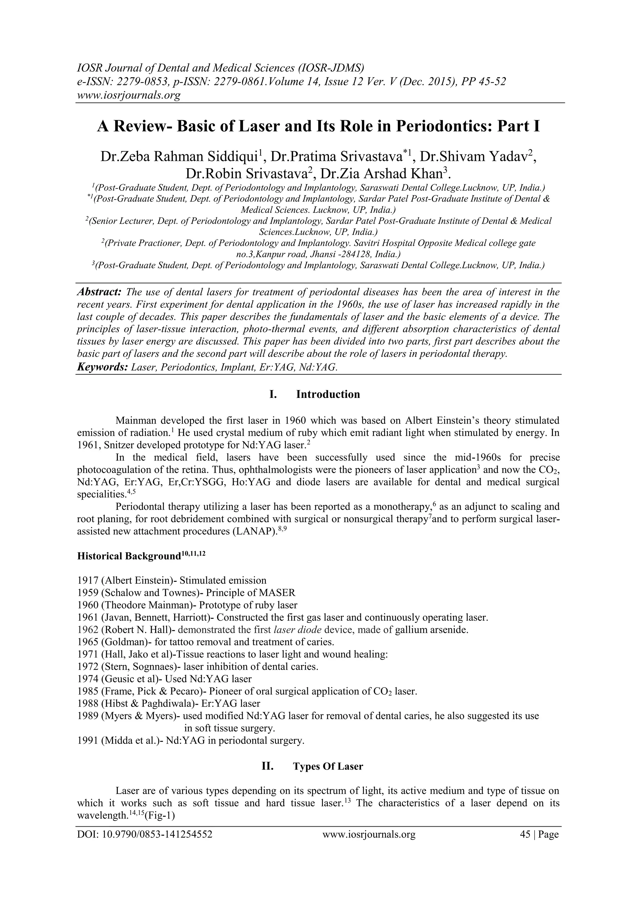 A Review- Basic of Laser and Its Role in Periodontics: Part I | PDF