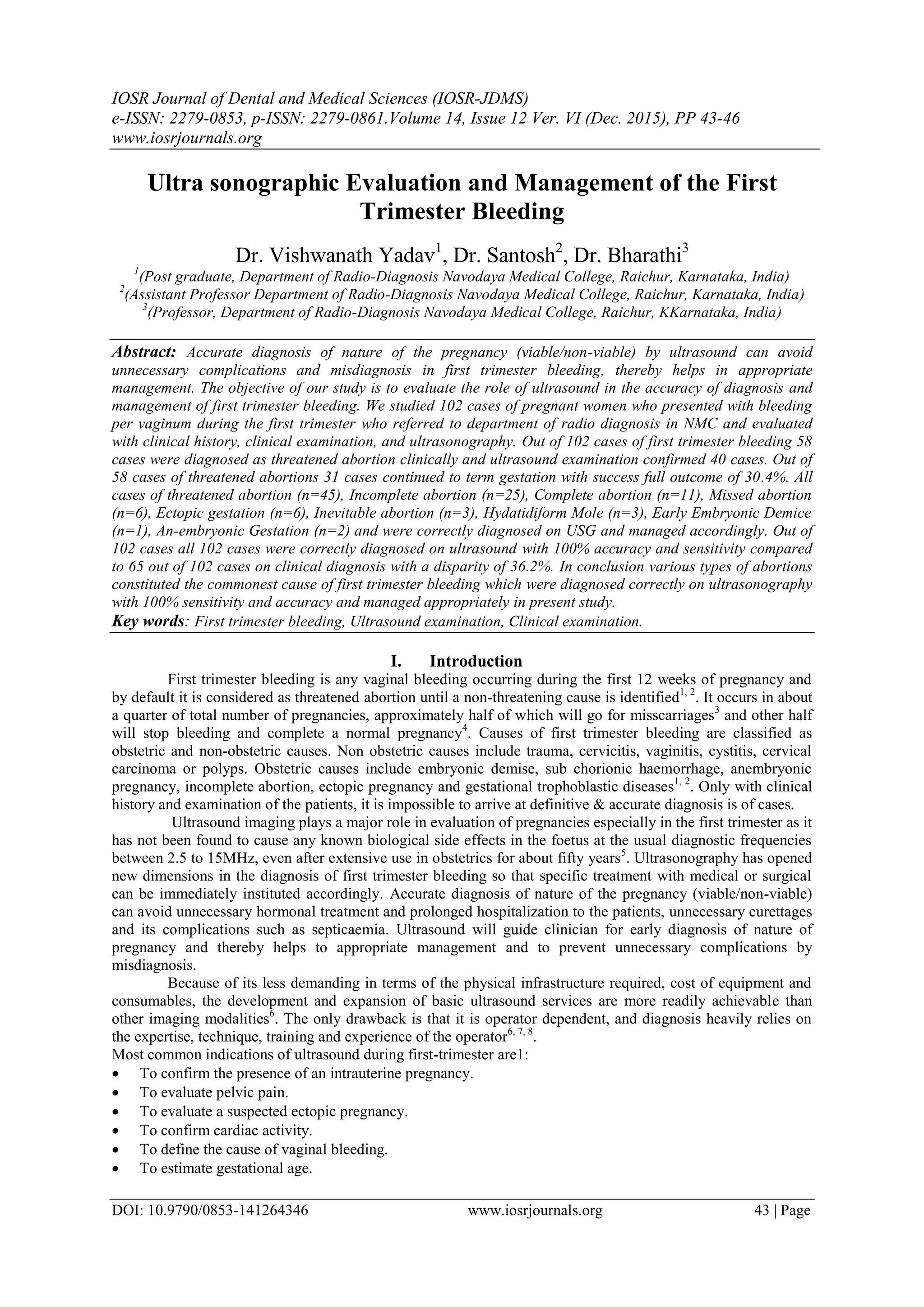 Ultra sonographic Evaluation and Management of the First Trimester Bleeding | PDF