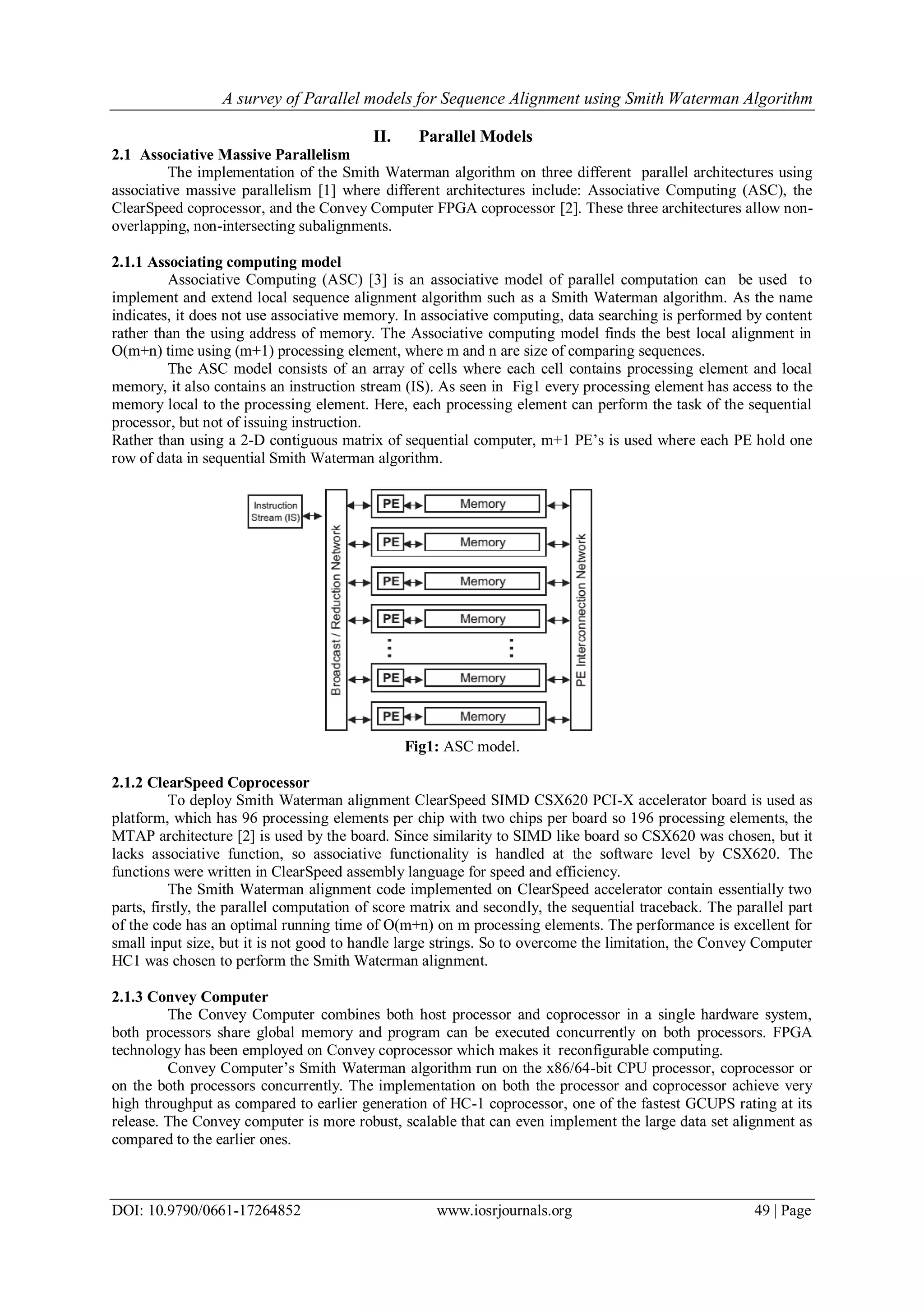 A Survey Of Parallel Models For Sequence Alignment Using Smith Waterman Algorithm Pdf