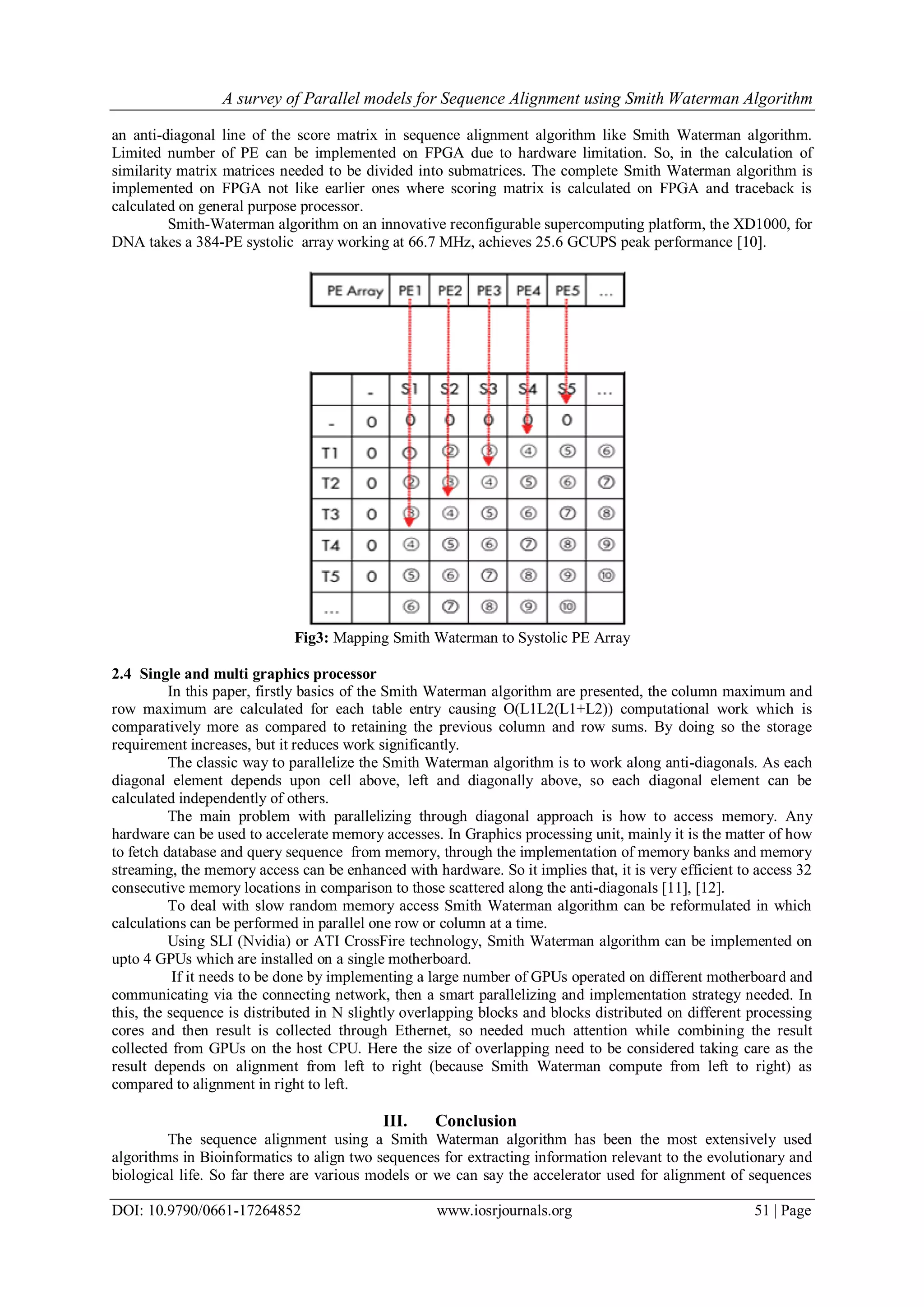 A survey of Parallel models for Sequence Alignment using Smith Waterman Algorithm | PDF