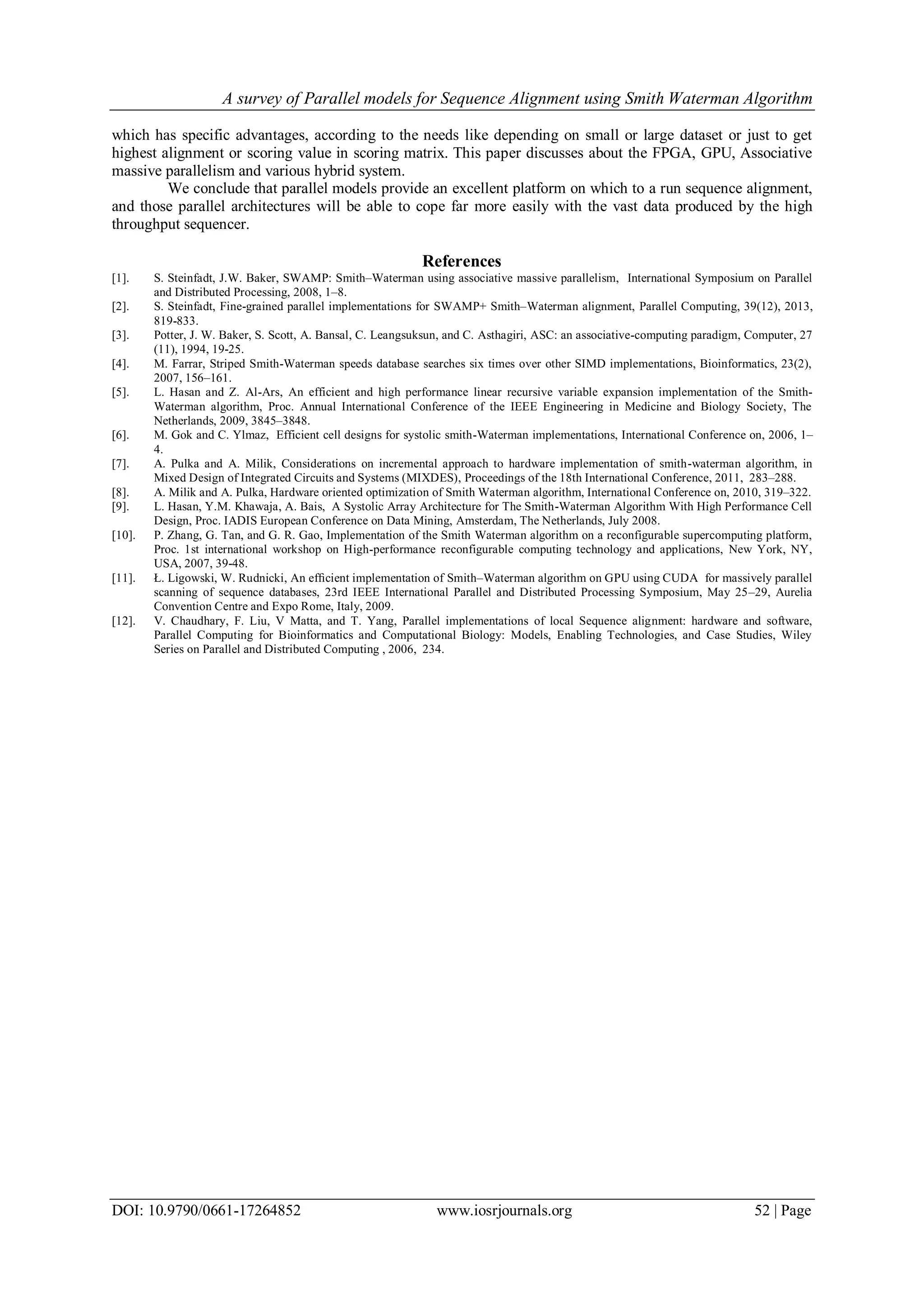 A Survey Of Parallel Models For Sequence Alignment Using Smith Waterman Algorithm Pdf