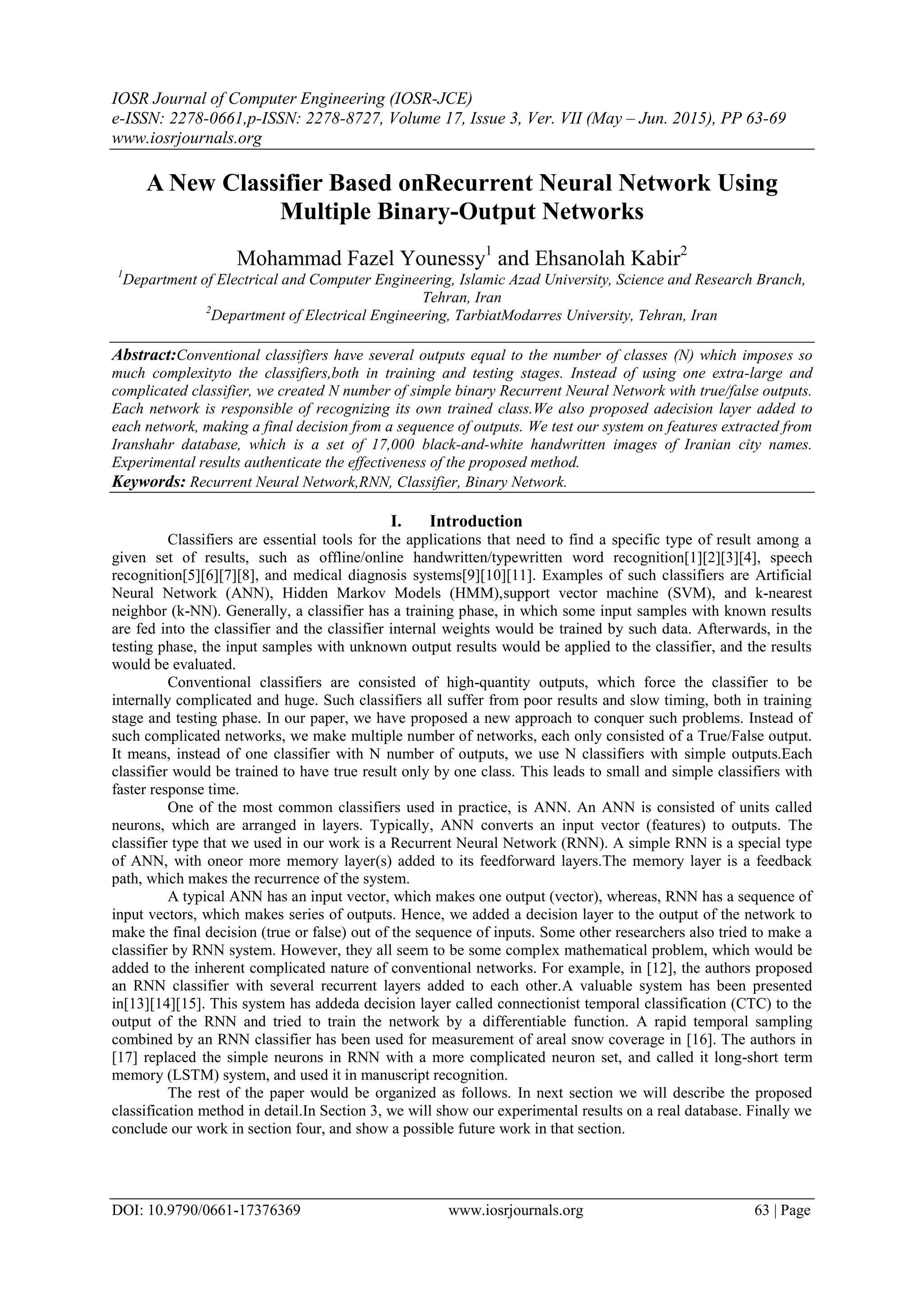 A New Classifier Based Onrecurrent Neural Network Using Multiple Binary