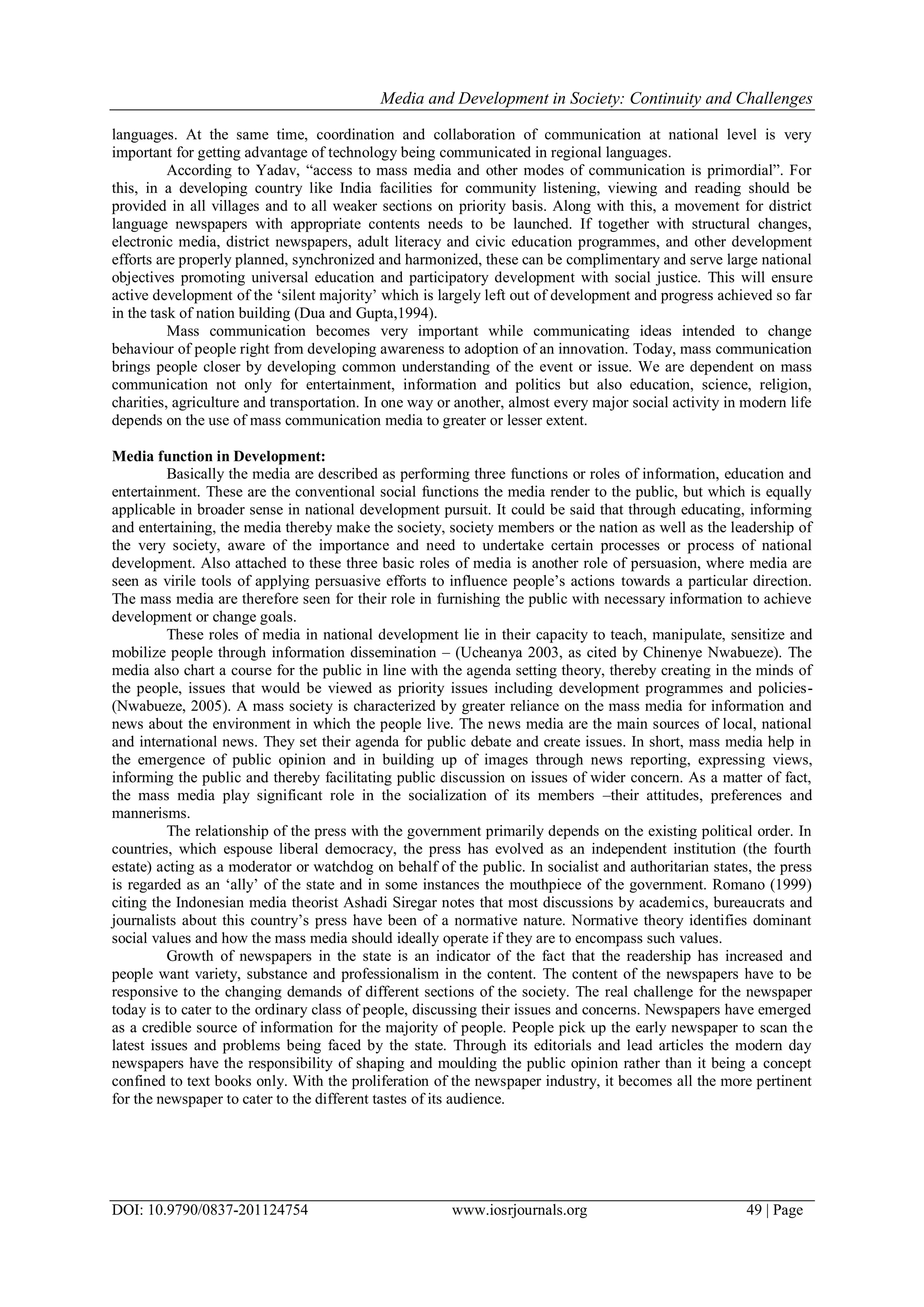 Media and Development in Society: Continuity and Challenges | PDF