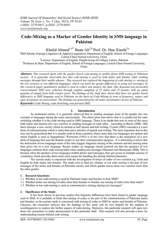 Code-Mixing as a Marker of Gender Identity in SMS language in Pakistan ...