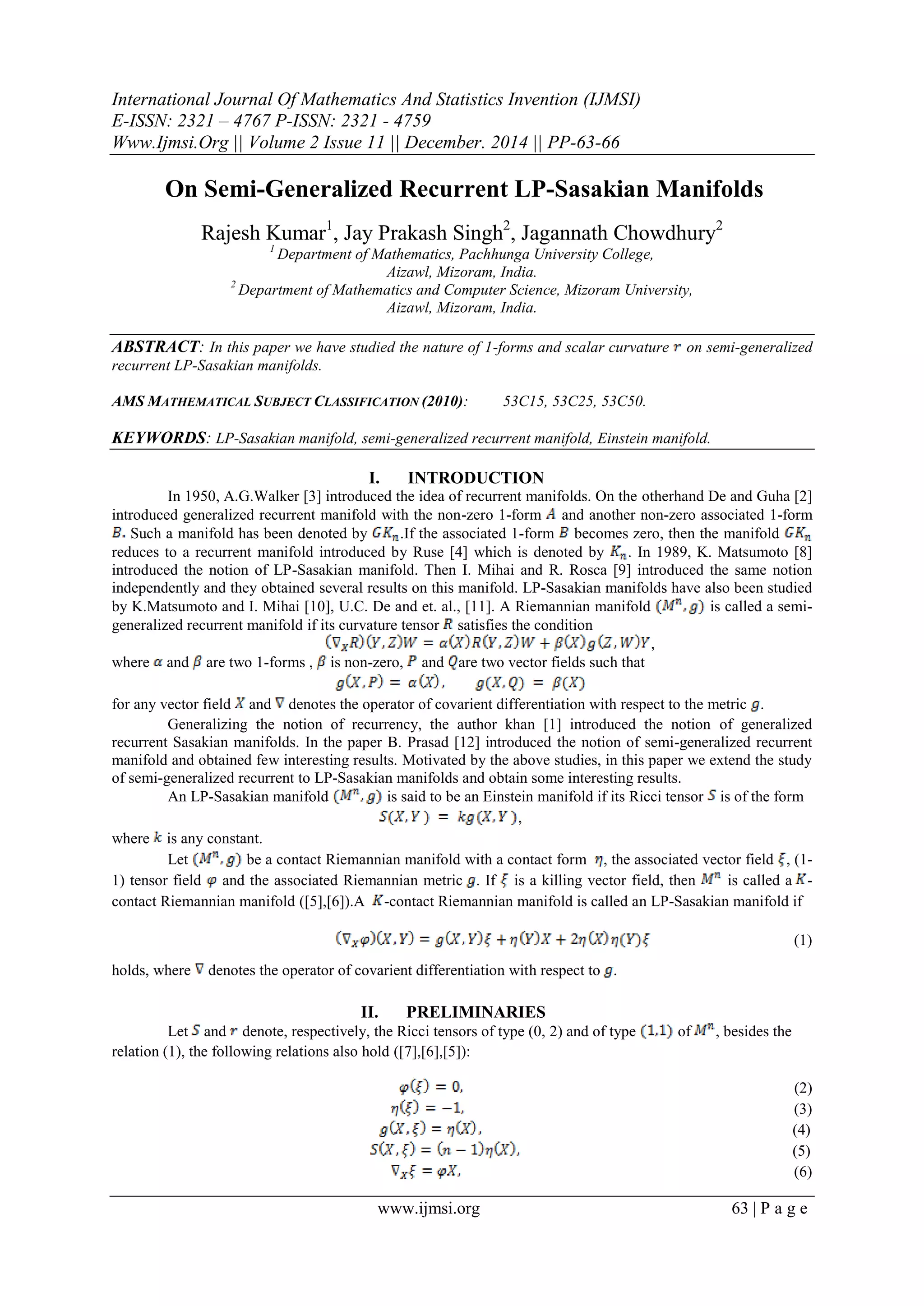 On Semi-Generalized Recurrent LP-Sasakian Manifolds | PDF