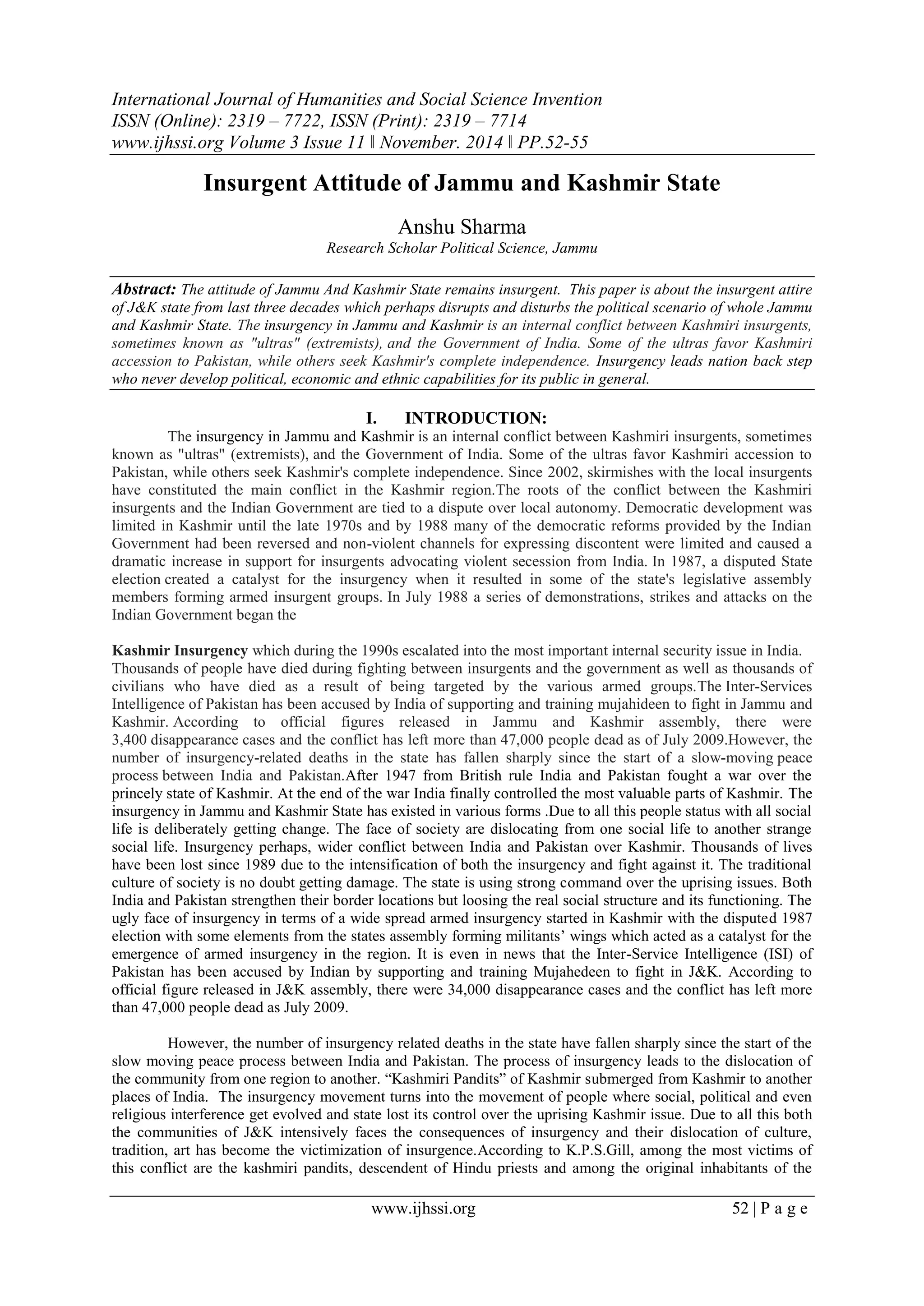 Insurgent Attitude of Jammu and Kashmir State | PDF