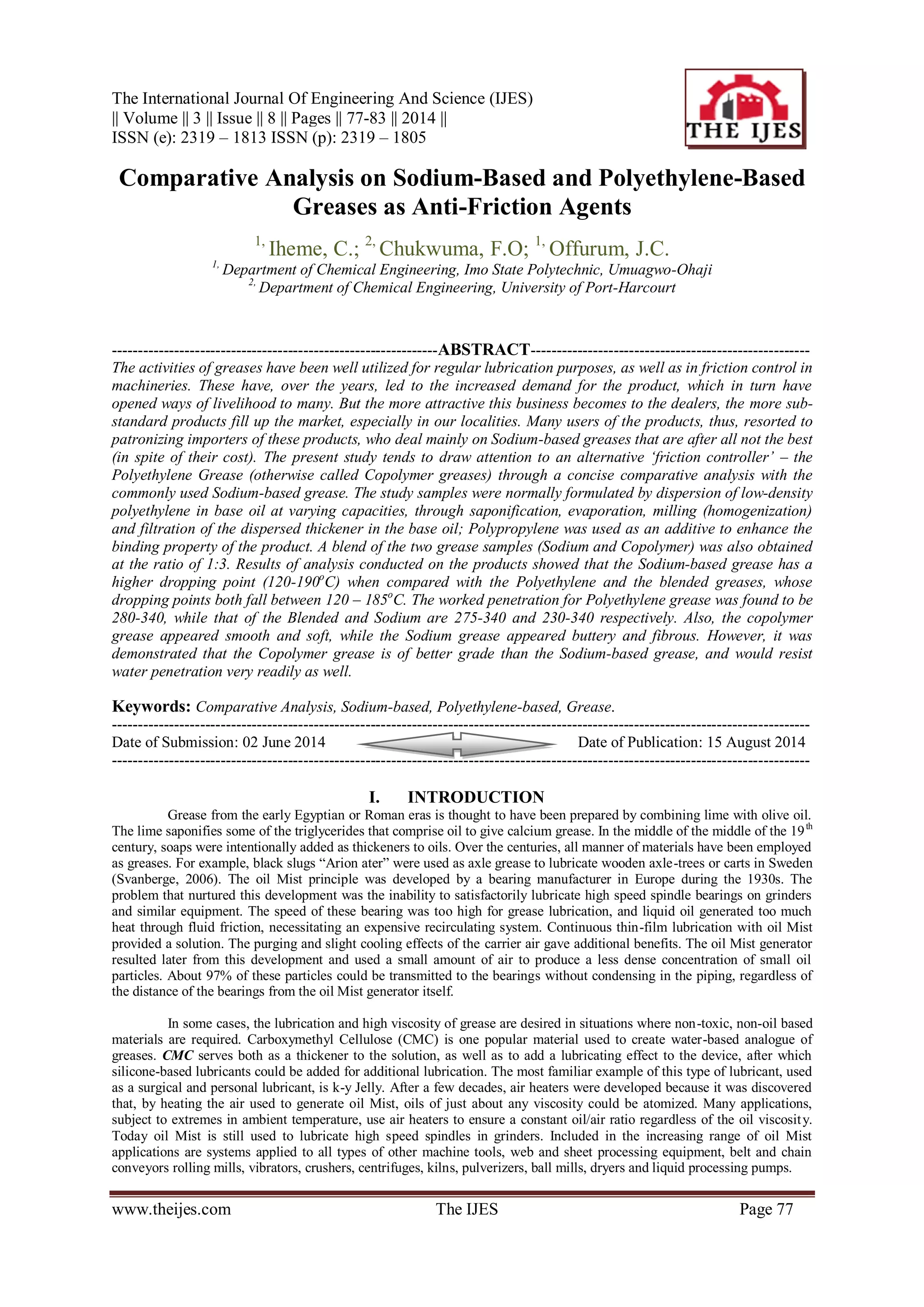 Comparative Analysis on Sodium-Based and Polyethylene-Based Greases as ...