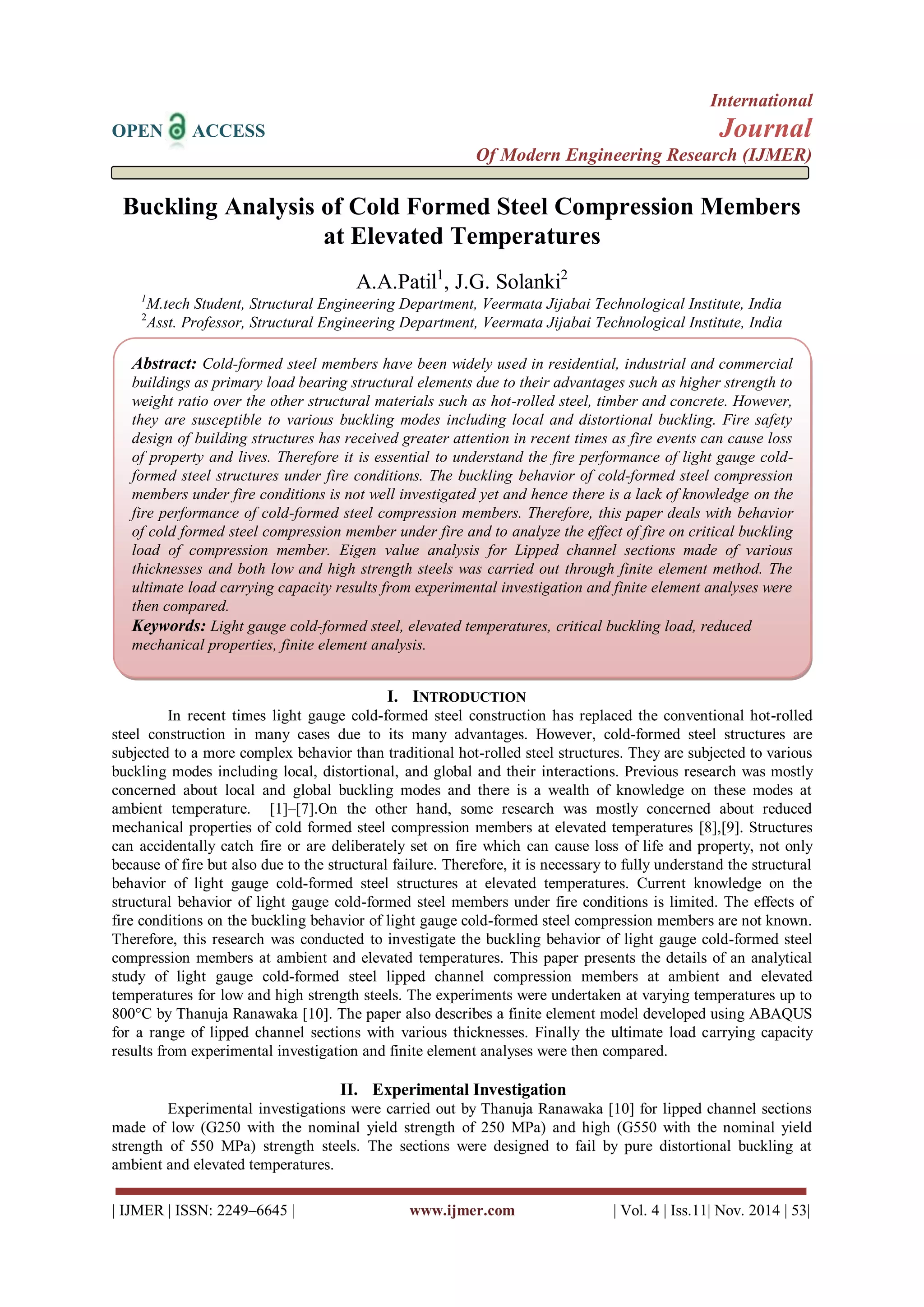 Buckling Analysis of Cold Formed Steel Compression Members at Elevated ...