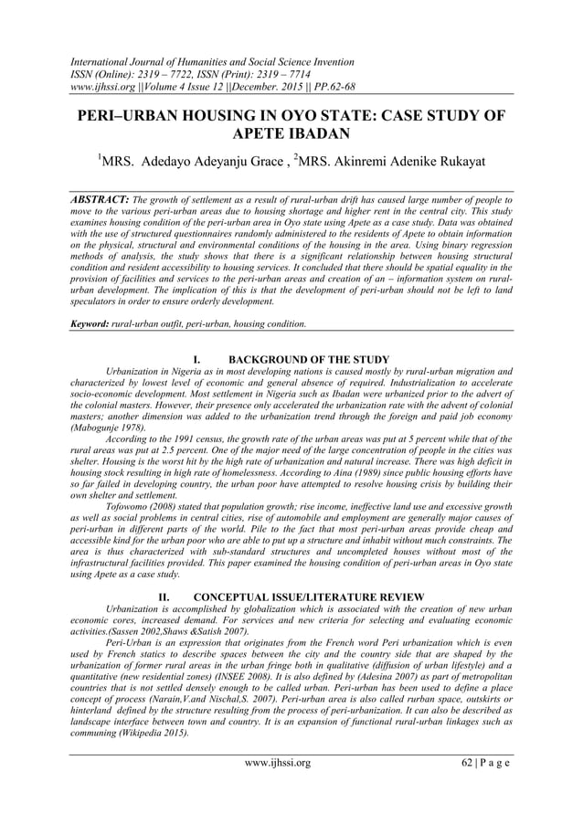 PERI–URBAN HOUSING IN OYO STATE: CASE STUDY OF APETE IBADAN | PDF
