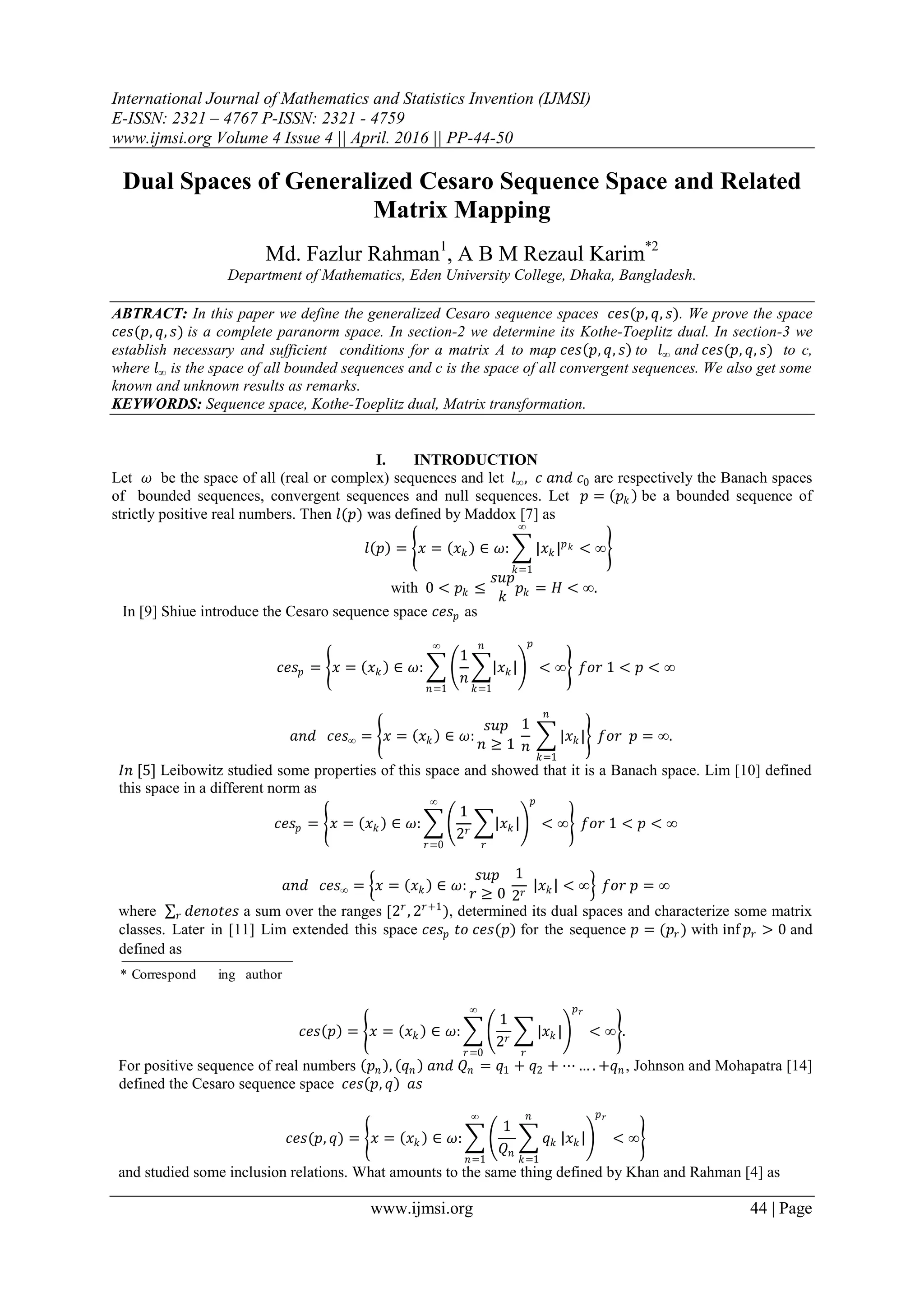 Dual Spaces of Generalized Cesaro Sequence Space and Related Matrix Mapping | PDF