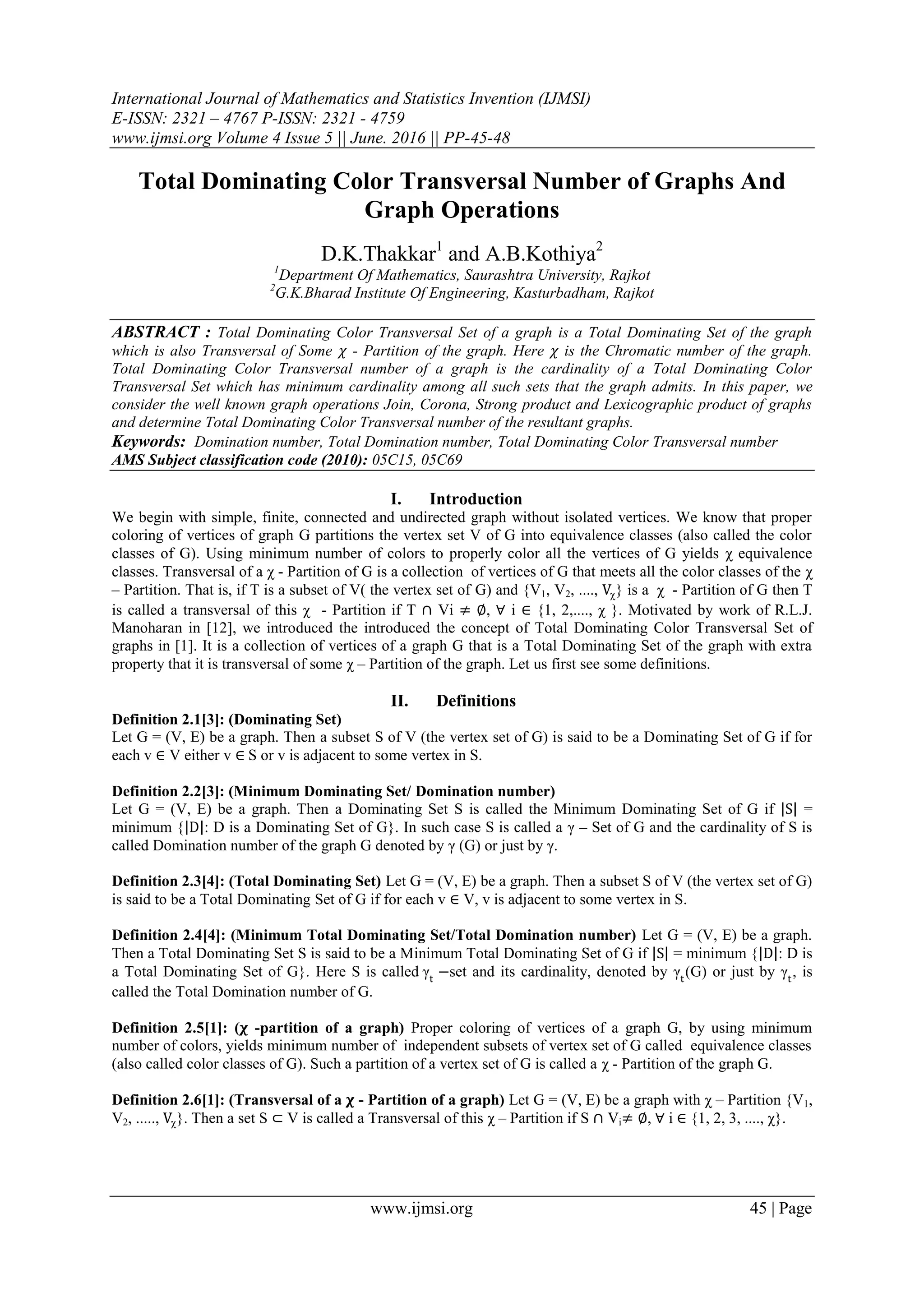Total Dominating Color Transversal Number of Graphs And Graph Operations | PDF | Physics | Science