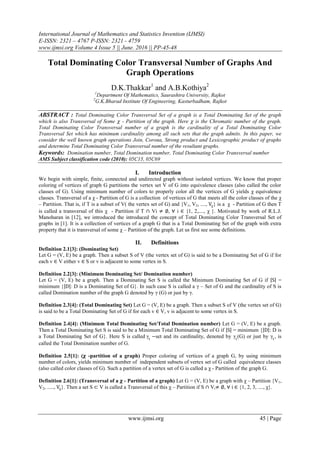 Total Dominating Color Transversal Number of Graphs And Graph Operations | PDF | Physics | Science