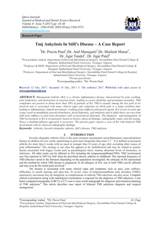 Tmj Ankylosis In Still’s Disease – A Case Report | PDF