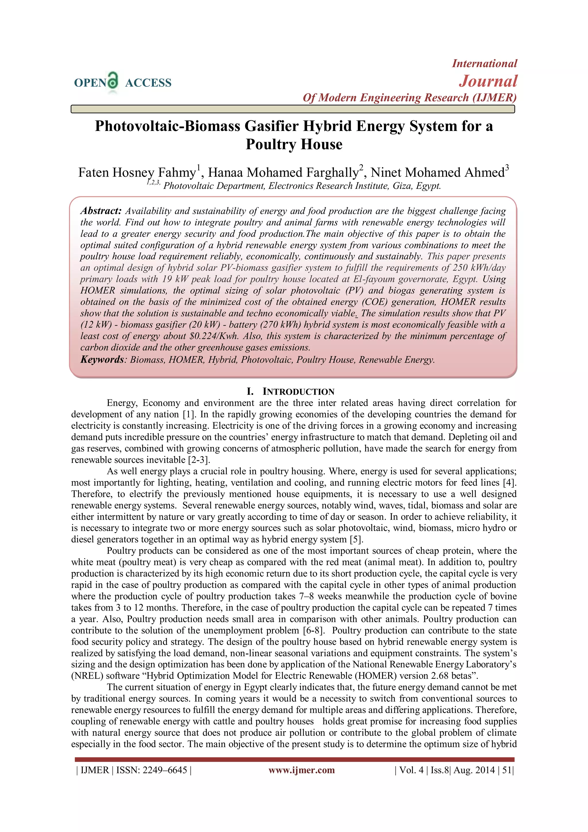 hotovoltaic-Biomass Gasifier Hybrid Energy System for a Poultry House | PDF