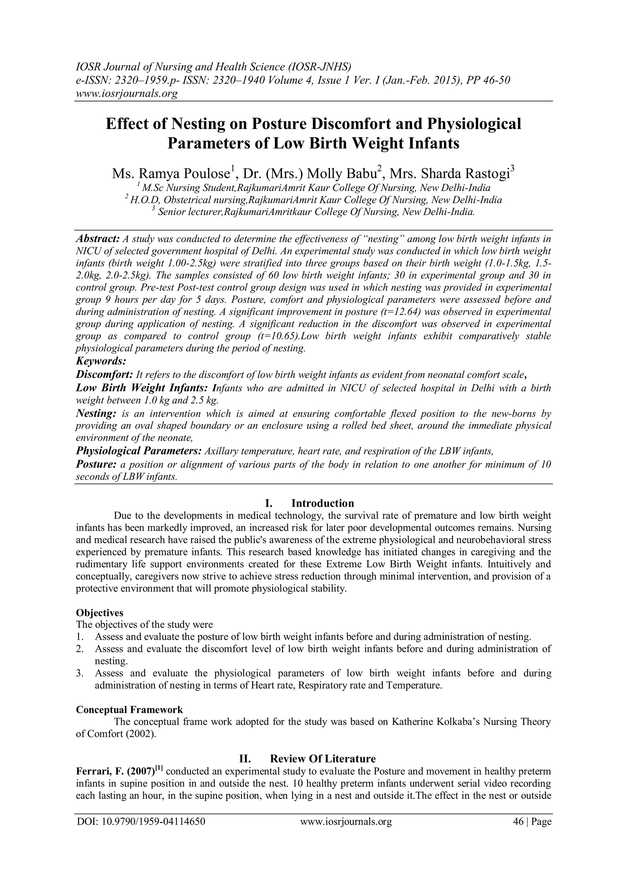 Effect of Nesting on Posture Discomfort and Physiological Parameters of ...
