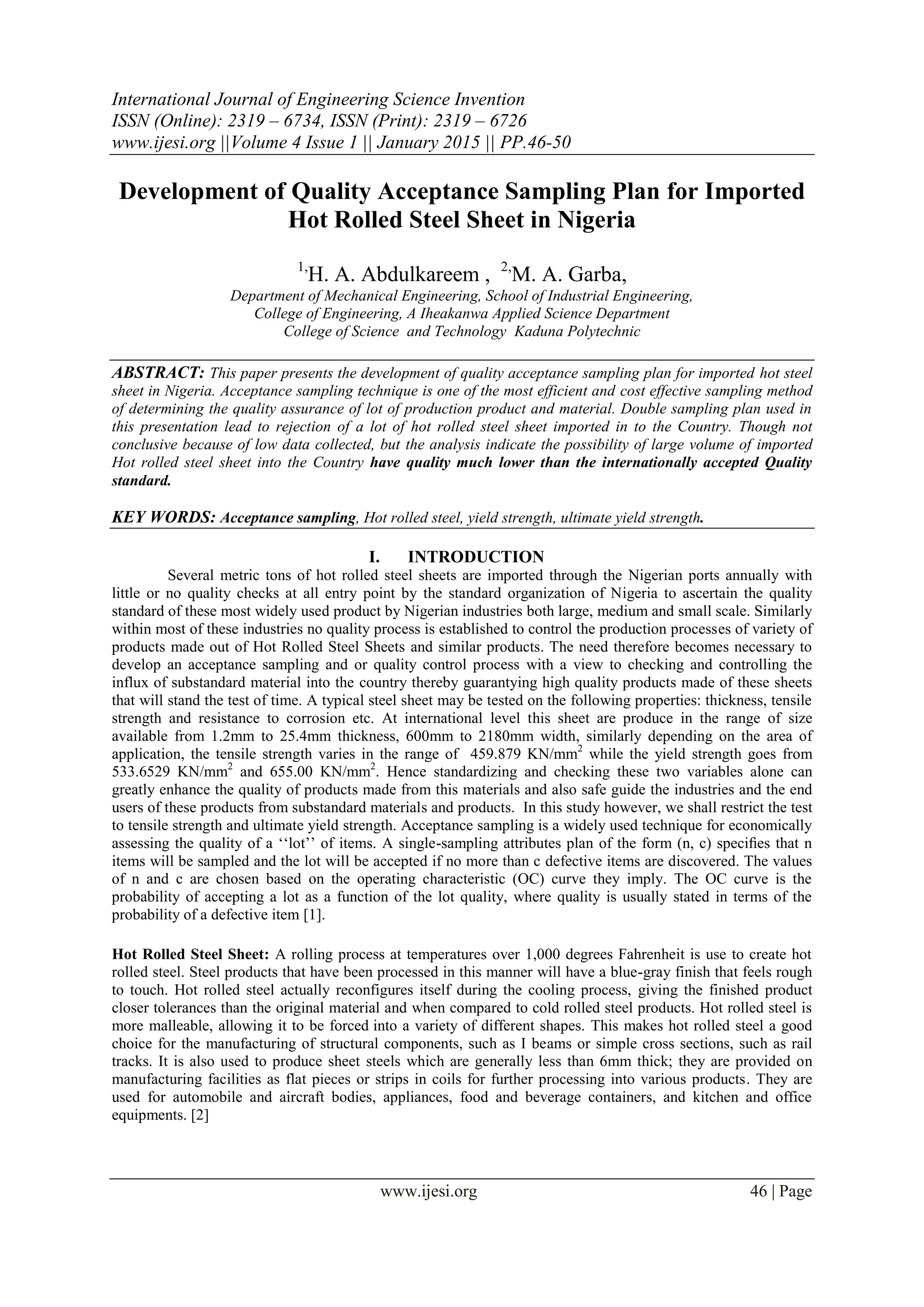 Development of Quality Acceptance Sampling Plan for Imported Hot Rolled ...