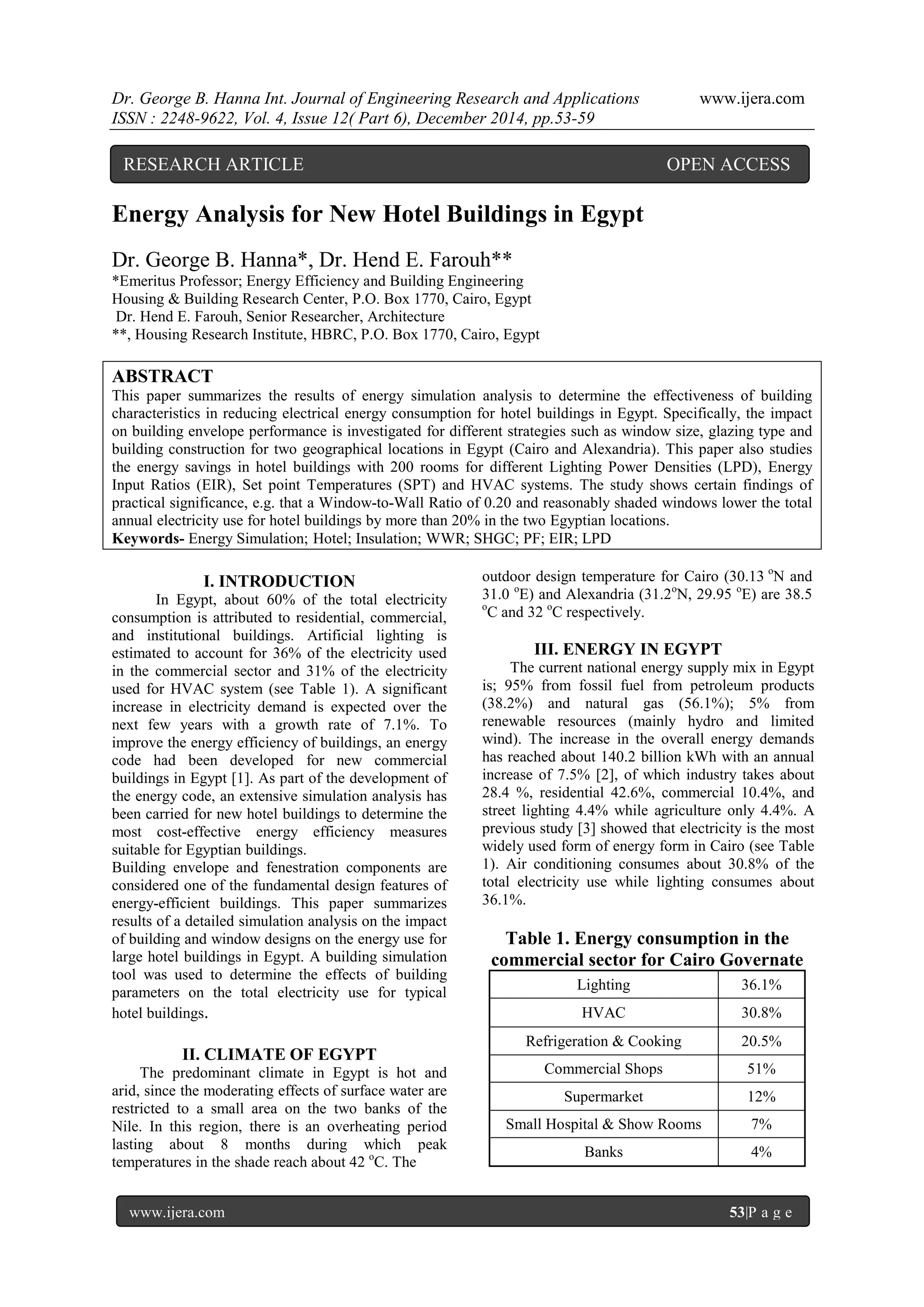 Energy Analysis for New Hotel Buildings in Egypt | PDF