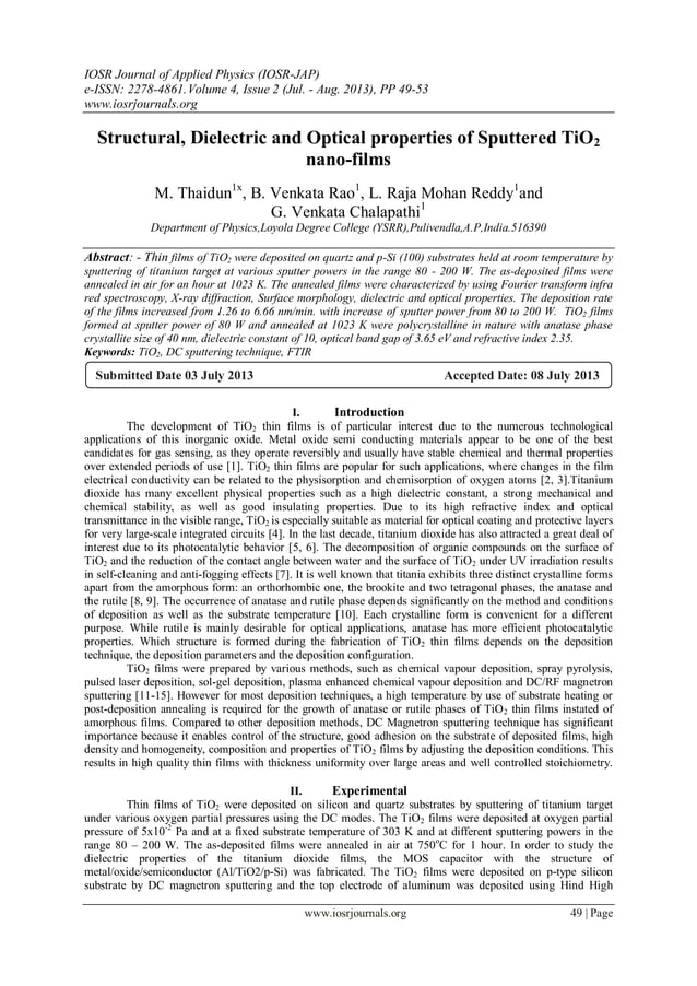 Structural, Dielectric and Optical properties of Sputtered TiO2 nano-films | PDF