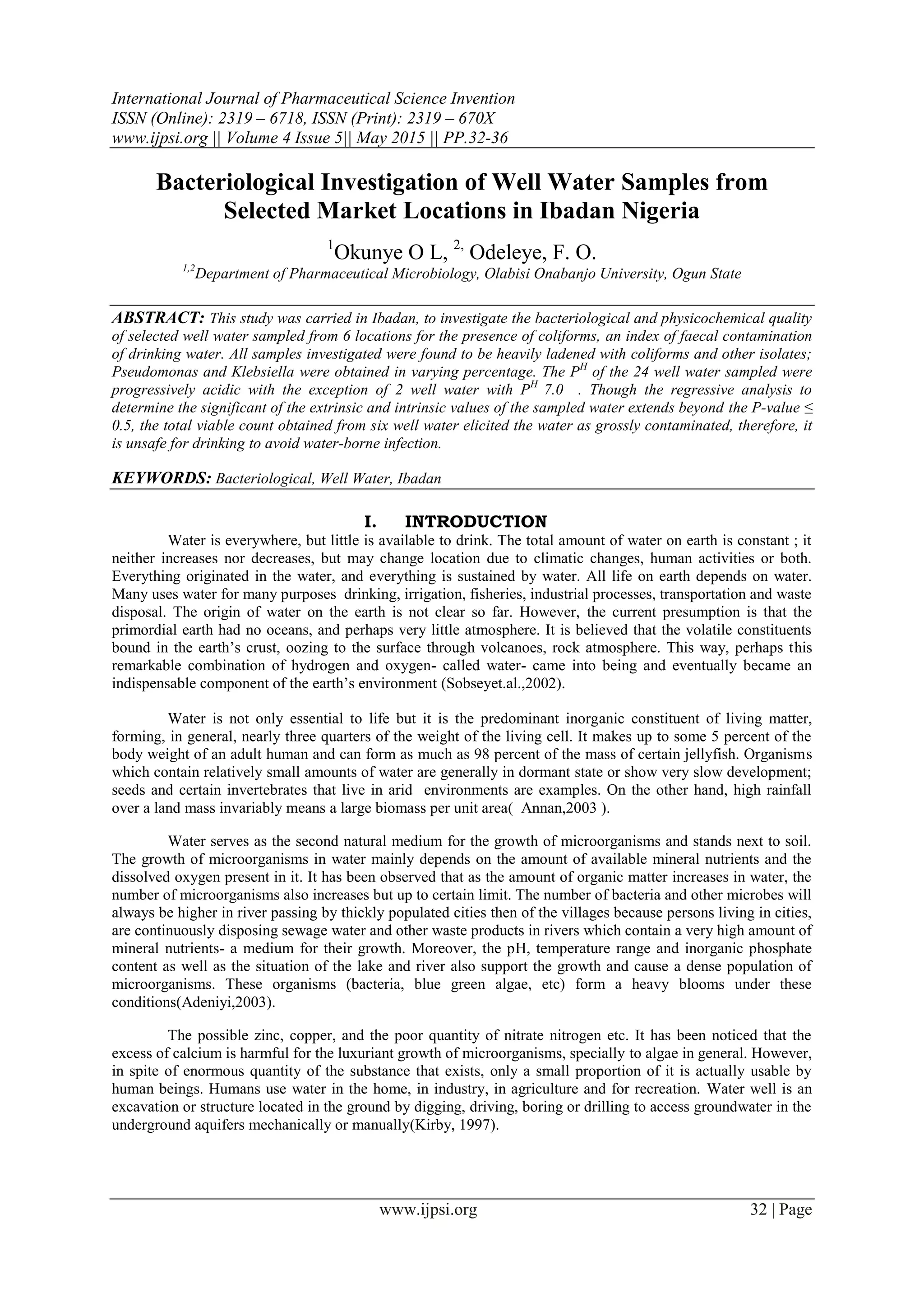 Bacteriological Investigation of Well Water Samples from Selected ...