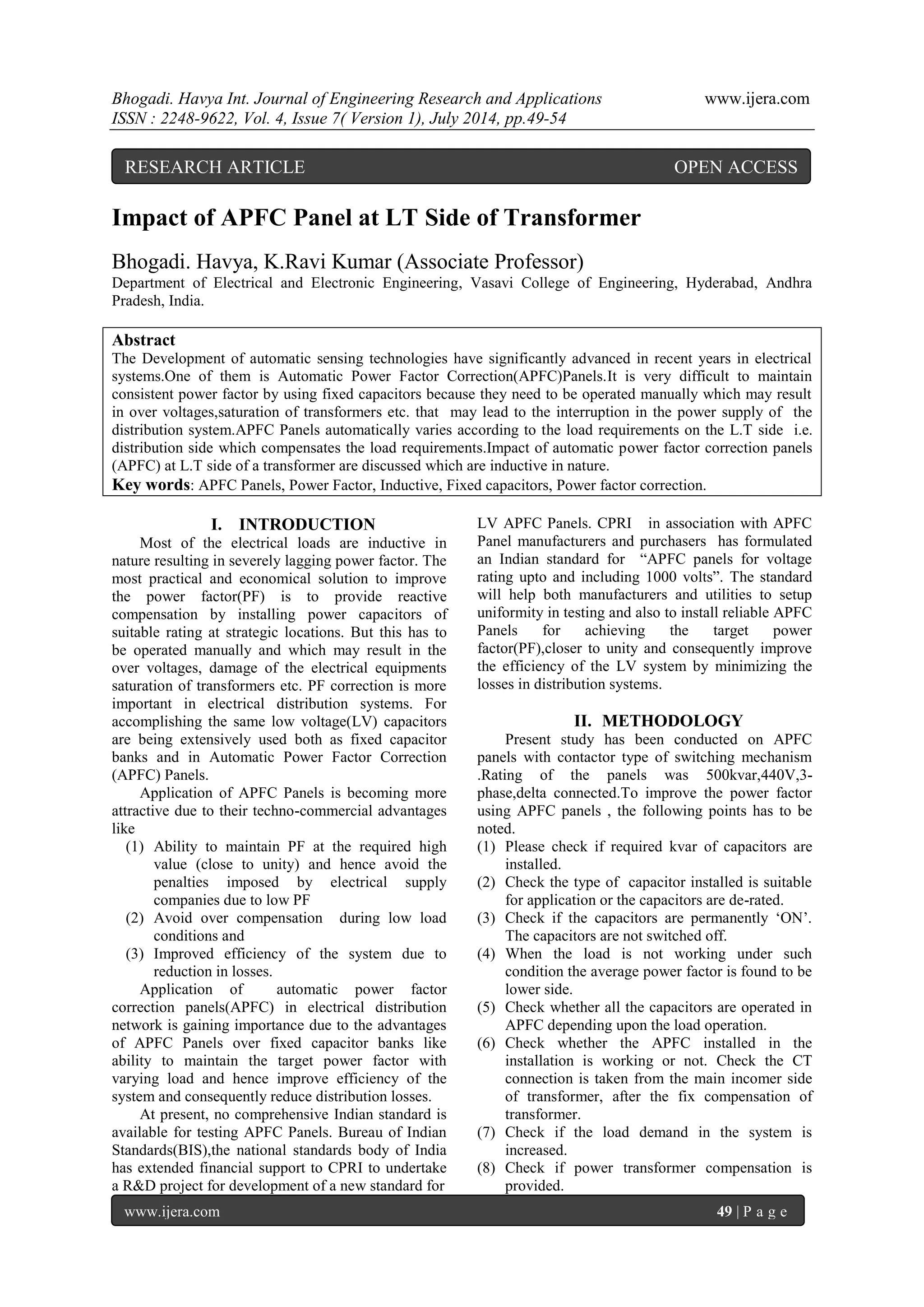 Impact of APFC Panel at LT Side of Transformer | PDF