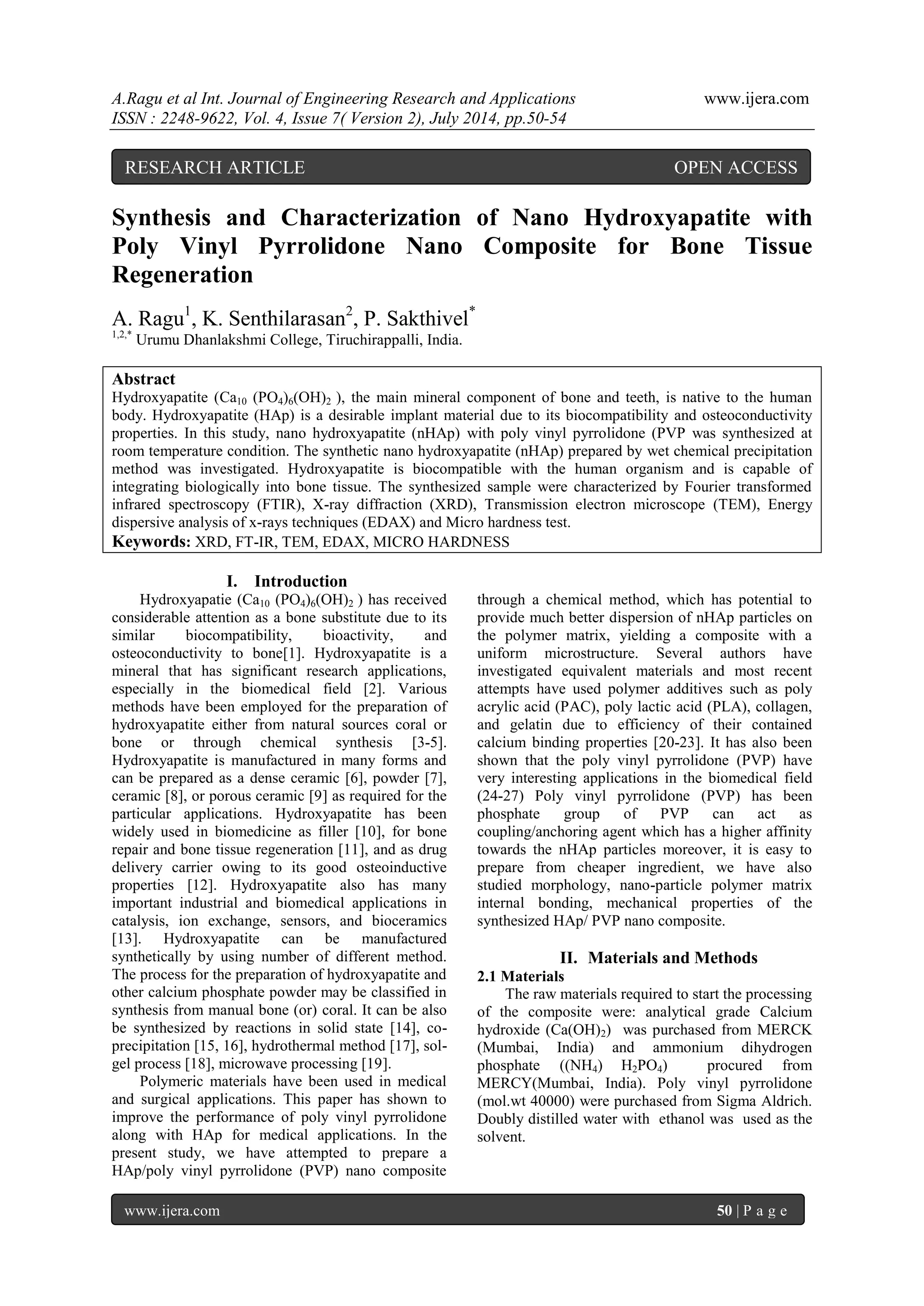 Synthesis and Characterization of Nano Hydroxyapatite with Poly Vinyl Pyrrolidone Nano Composite ...