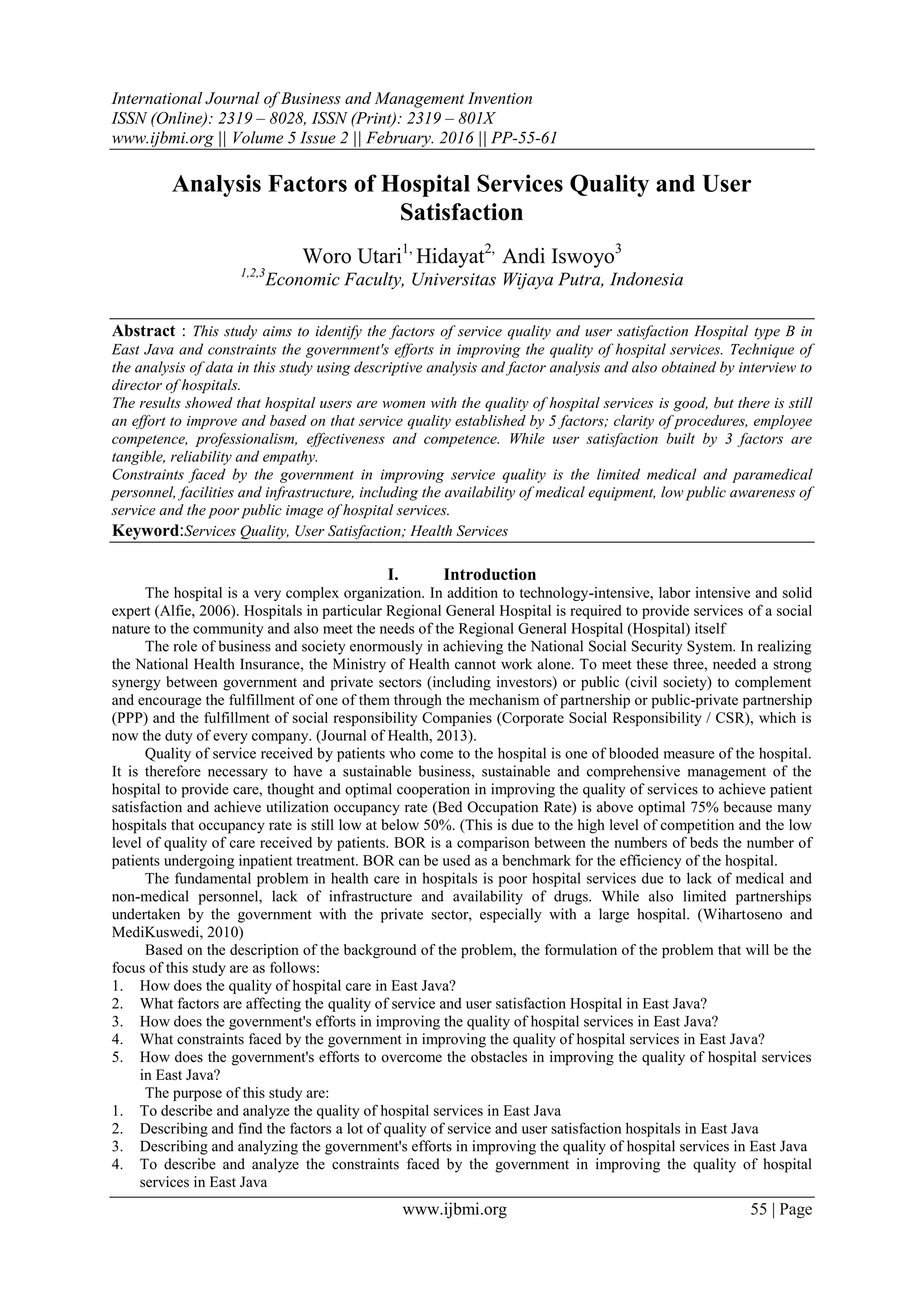 Analysis Factors of Hospital Services Quality and User Satisfaction | PDF