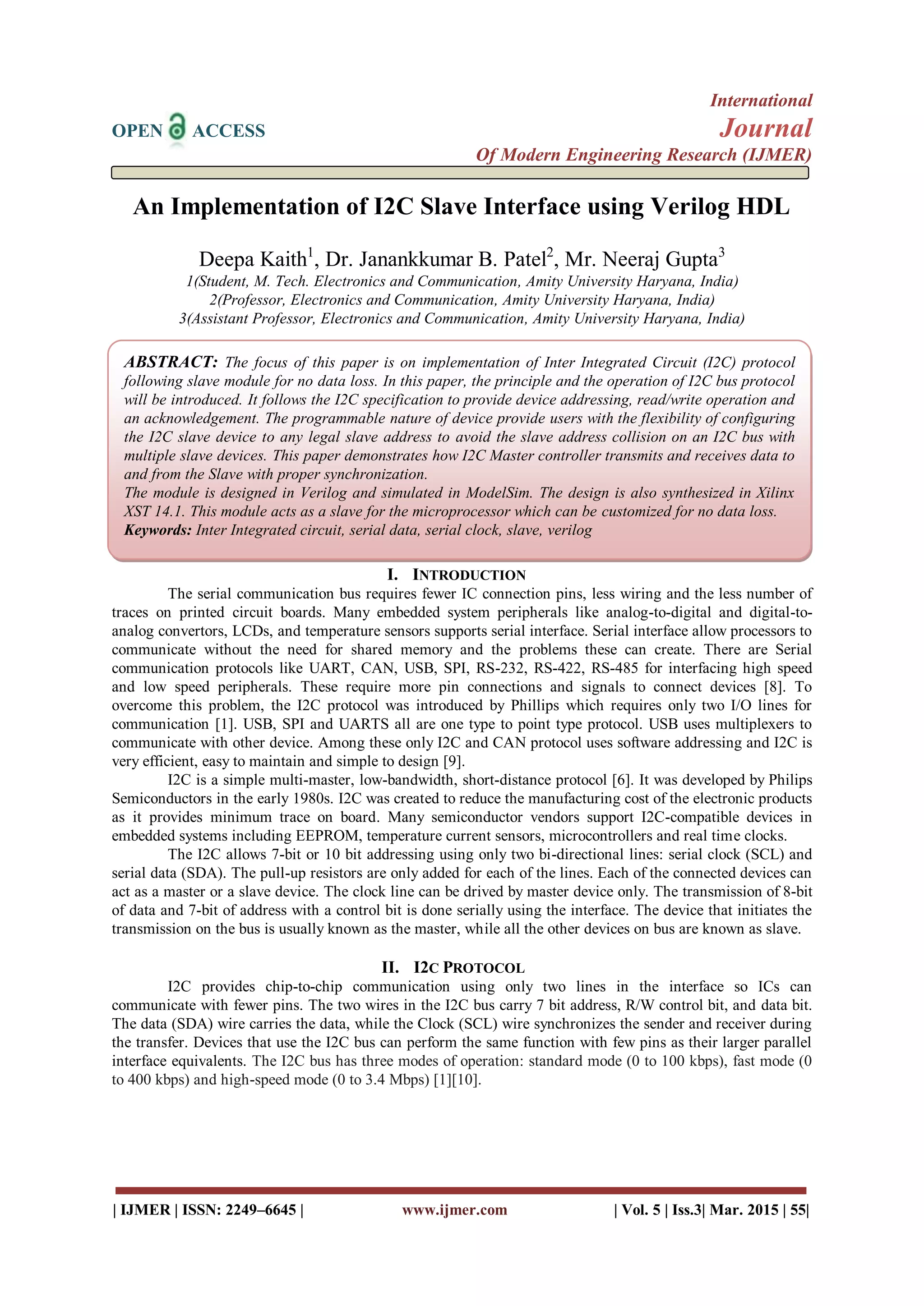 An Implementation of I2C Slave Interface using Verilog HDL | PDF