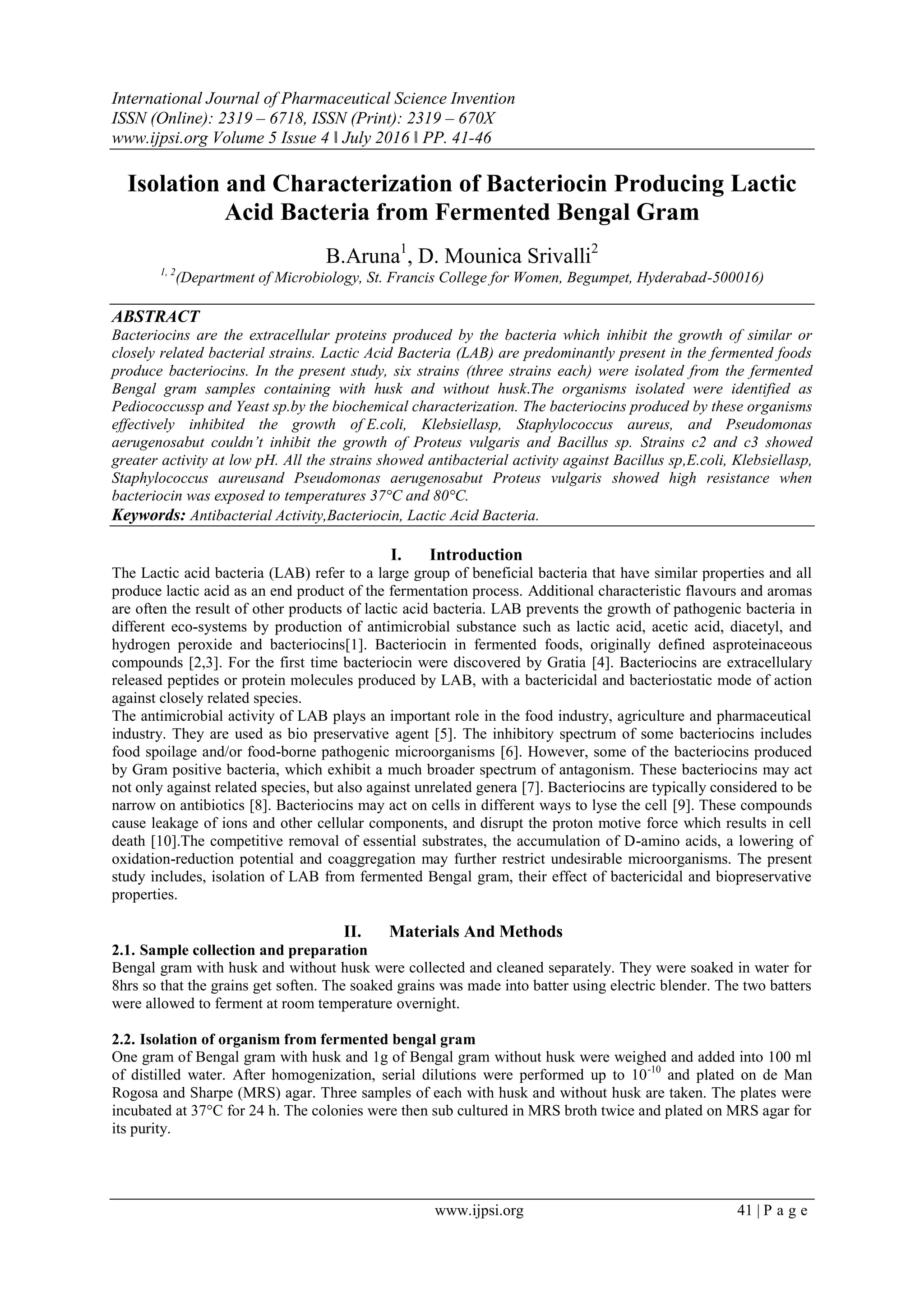Isolation and Characterization of Bacteriocin Producing Lactic Acid Bacteria from Fermented ...