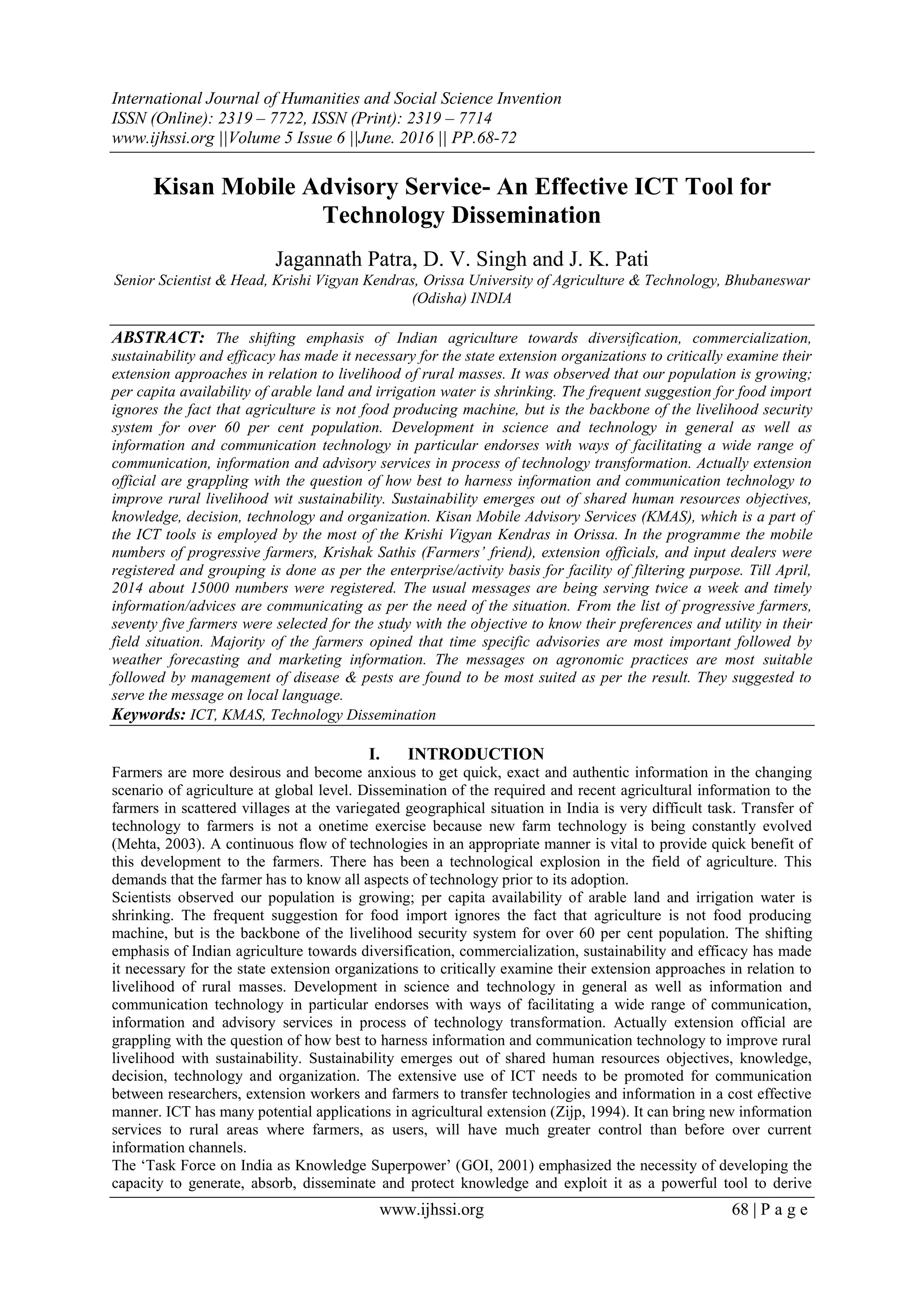 Kisan Mobile Advisory Service- An Effective ICT Tool for Technology ...