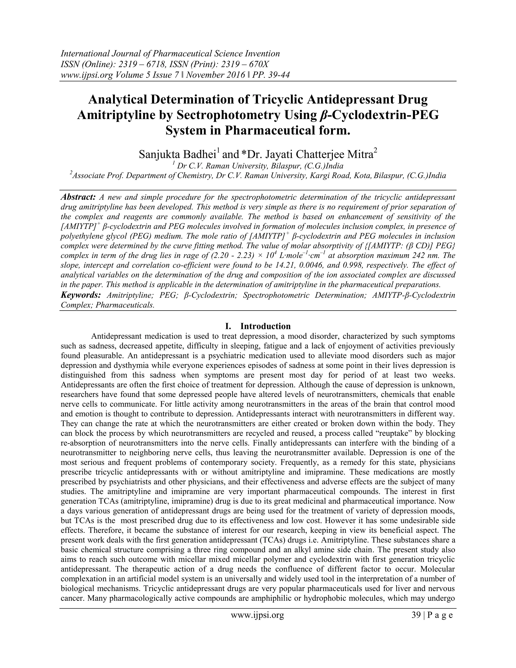 Analytical Determination of Tricyclic Antidepressant Drug Amitriptyline by Sectrophotometry ...