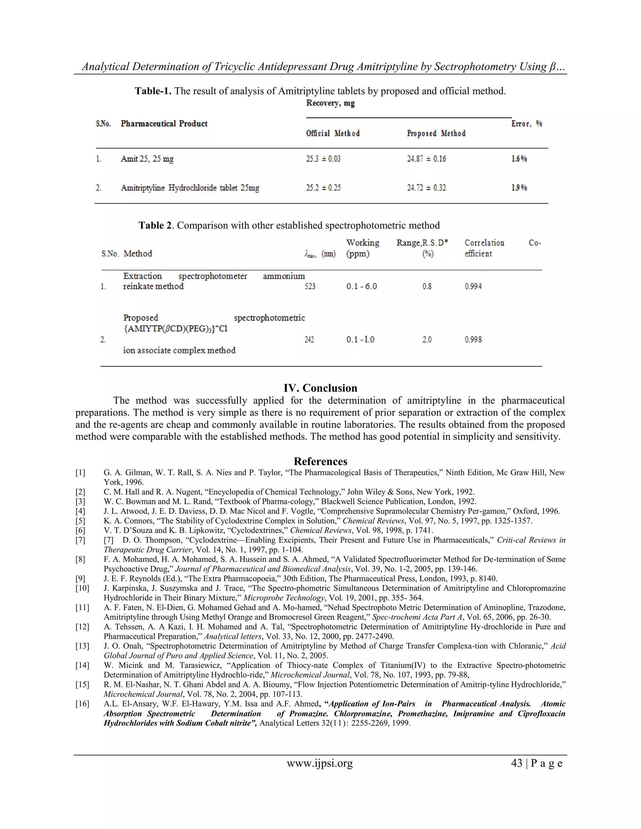 Analytical Determination of Tricyclic Antidepressant Drug Amitriptyline by Sectrophotometry ...