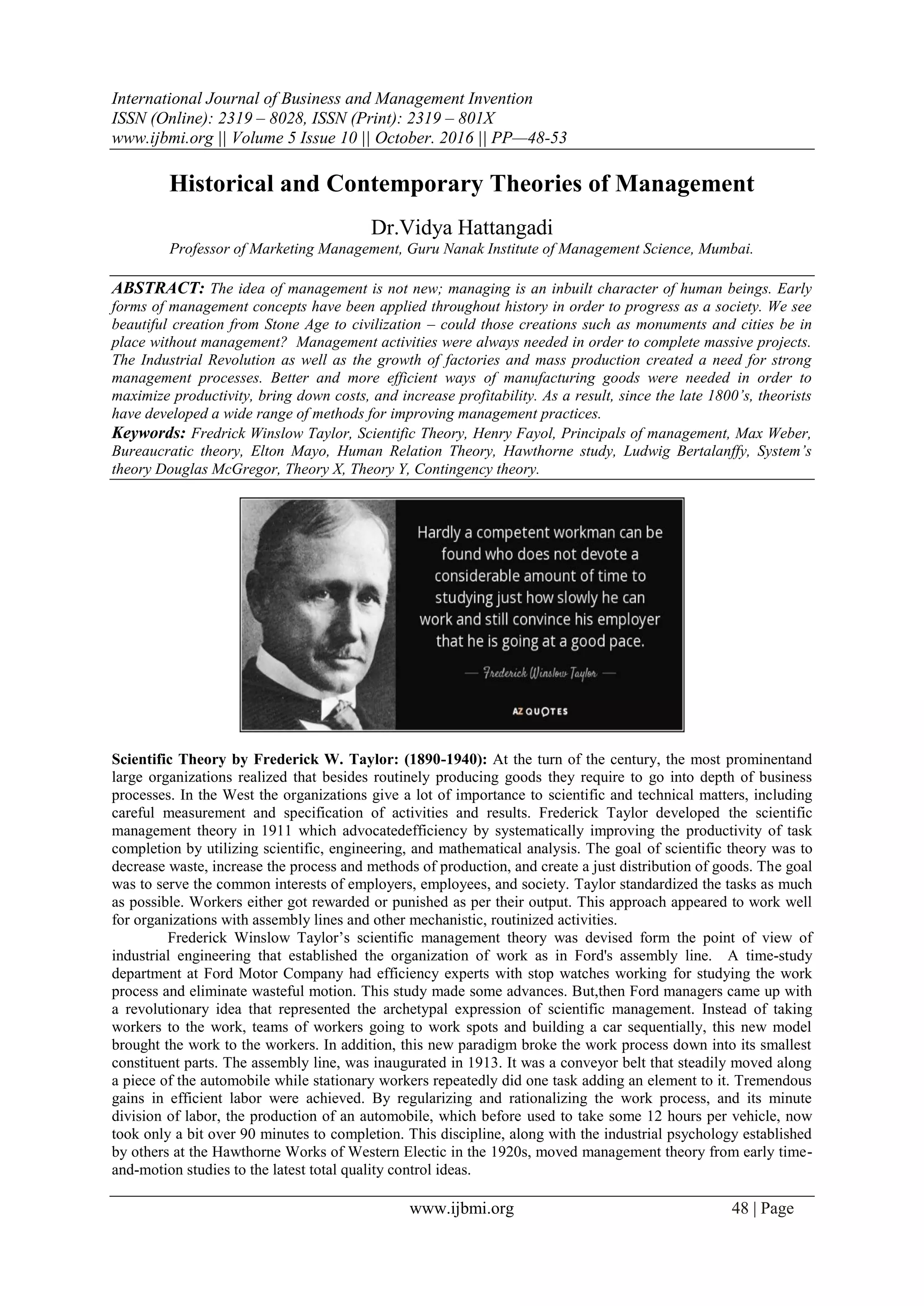 Historical and Contemporary Theories of Management | PDF