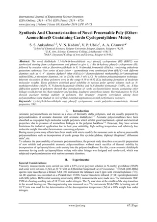Synthesis And Characterization of Novel Processable Poly (EtherAzomethine)S Containing Cardo ...