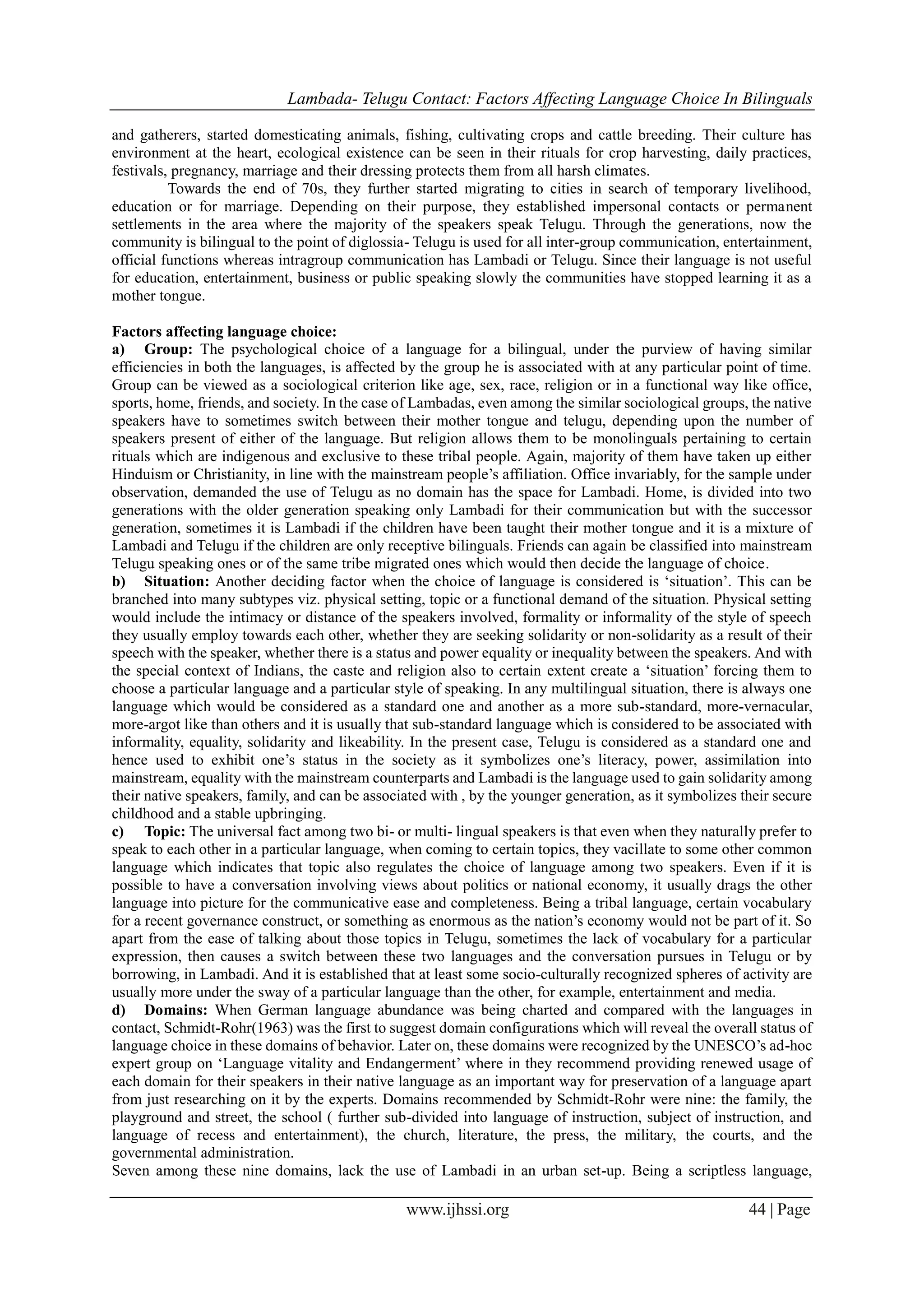 Lambada- Telugu Contact: Factors Affecting Language Choice in ...