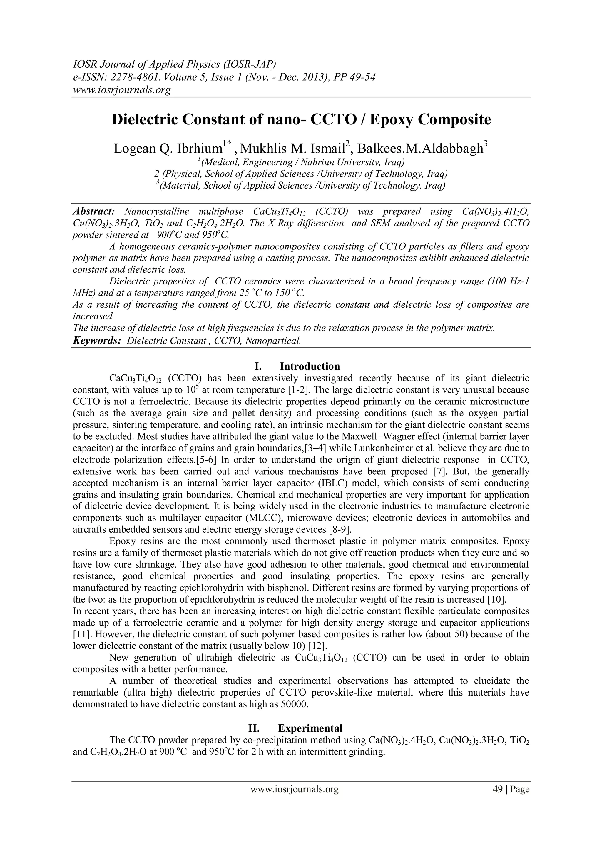 Dielectric Constant of nano- CCTO / Epoxy Composite | PDF