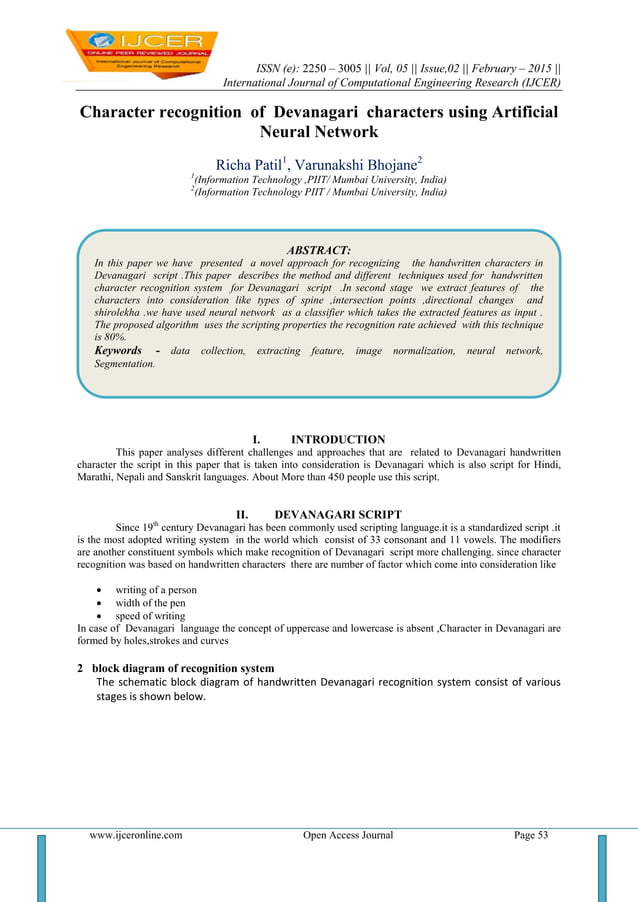 Character recognition of Devanagari characters using Artificial Neural Network | PDF