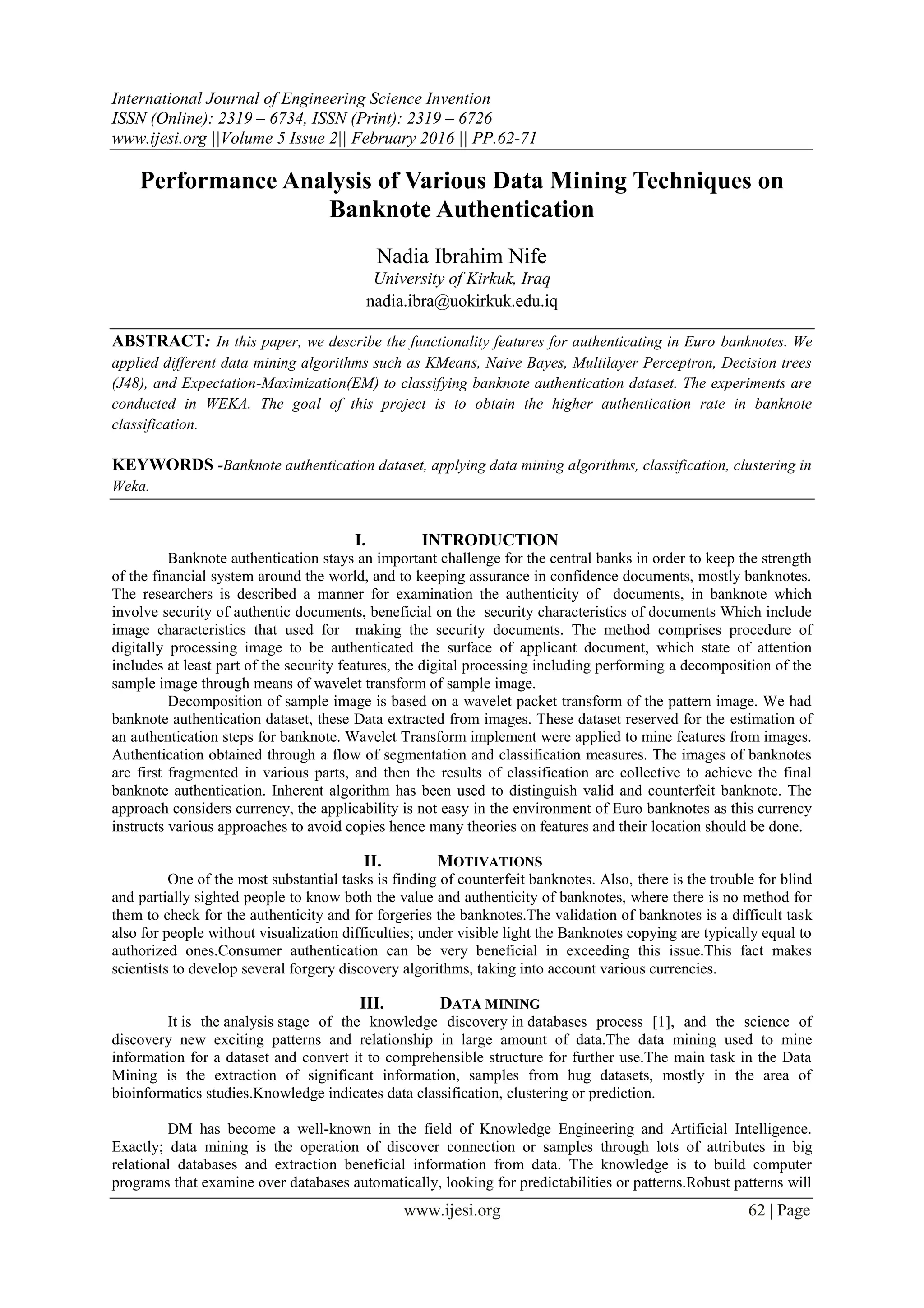 Performance Analysis of Various Data Mining Techniques on Banknote Authentication | PDF