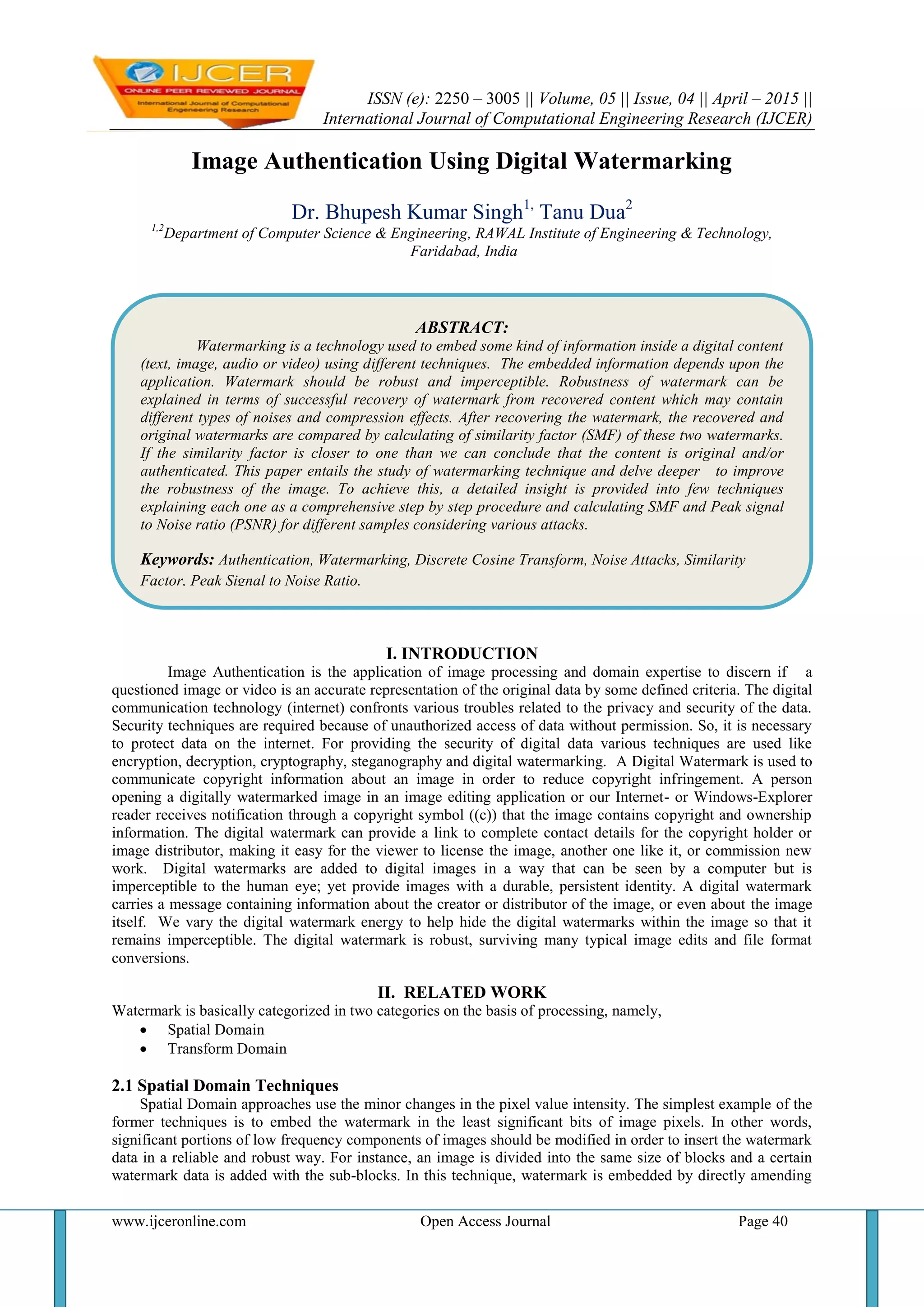 Image Authentication Using Digital Watermarking | PDF