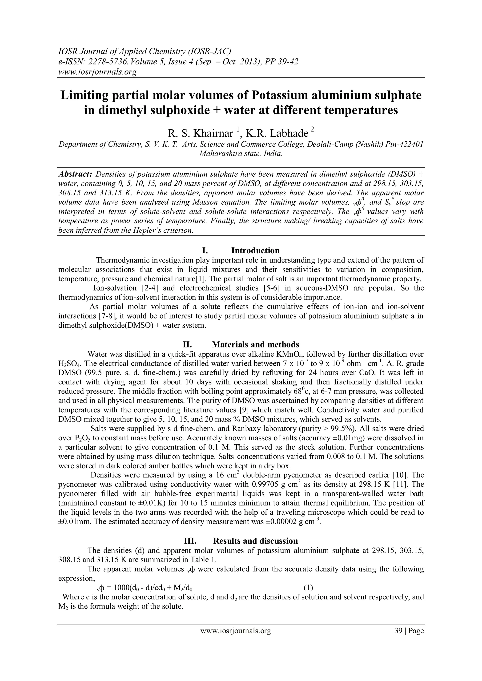 Limiting partial molar volumes of Potassium aluminium sulphate in ...