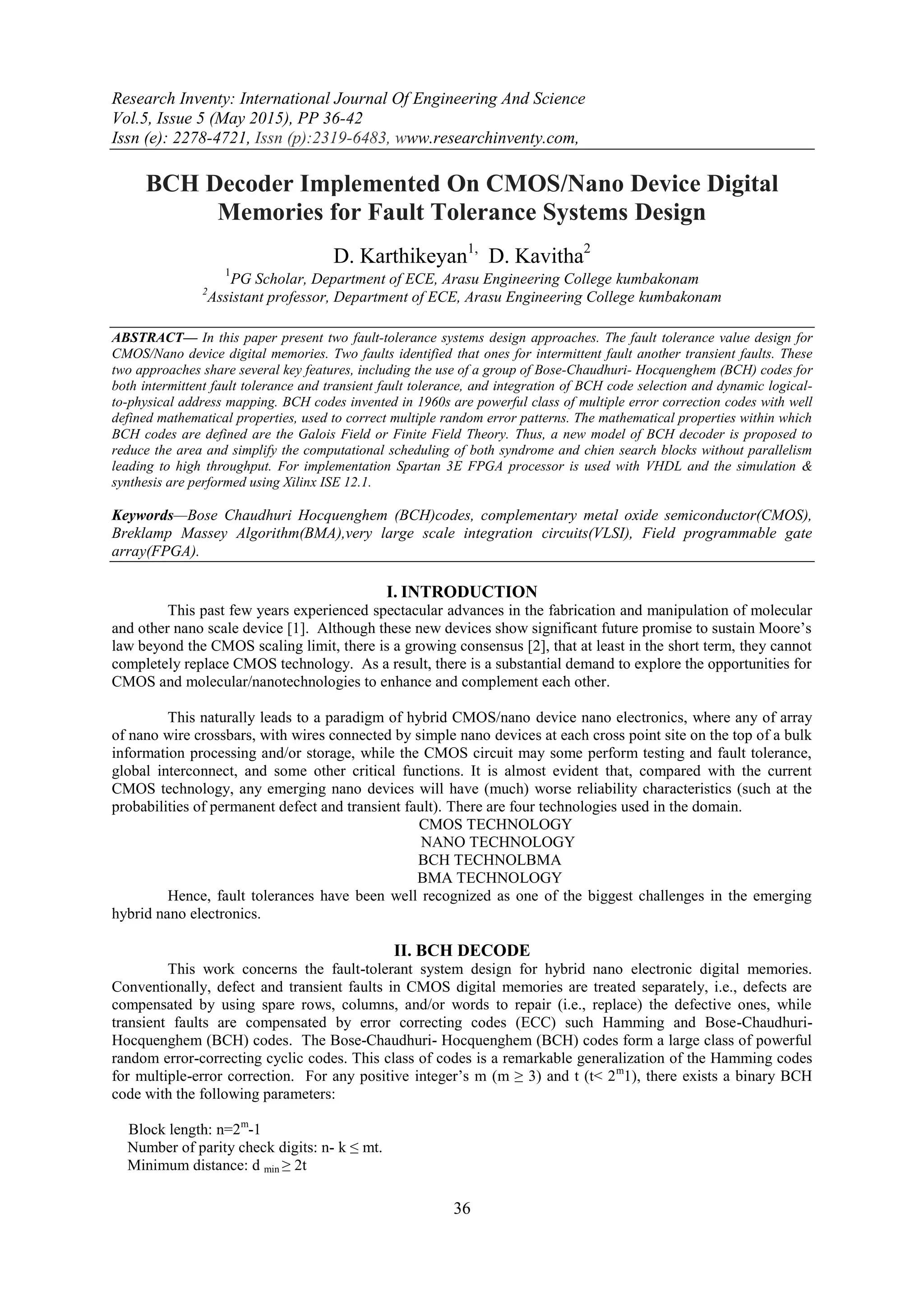 BCH Decoder Implemented On CMOS/Nano Device Digital Memories for Fault Tolerance Systems Design ...