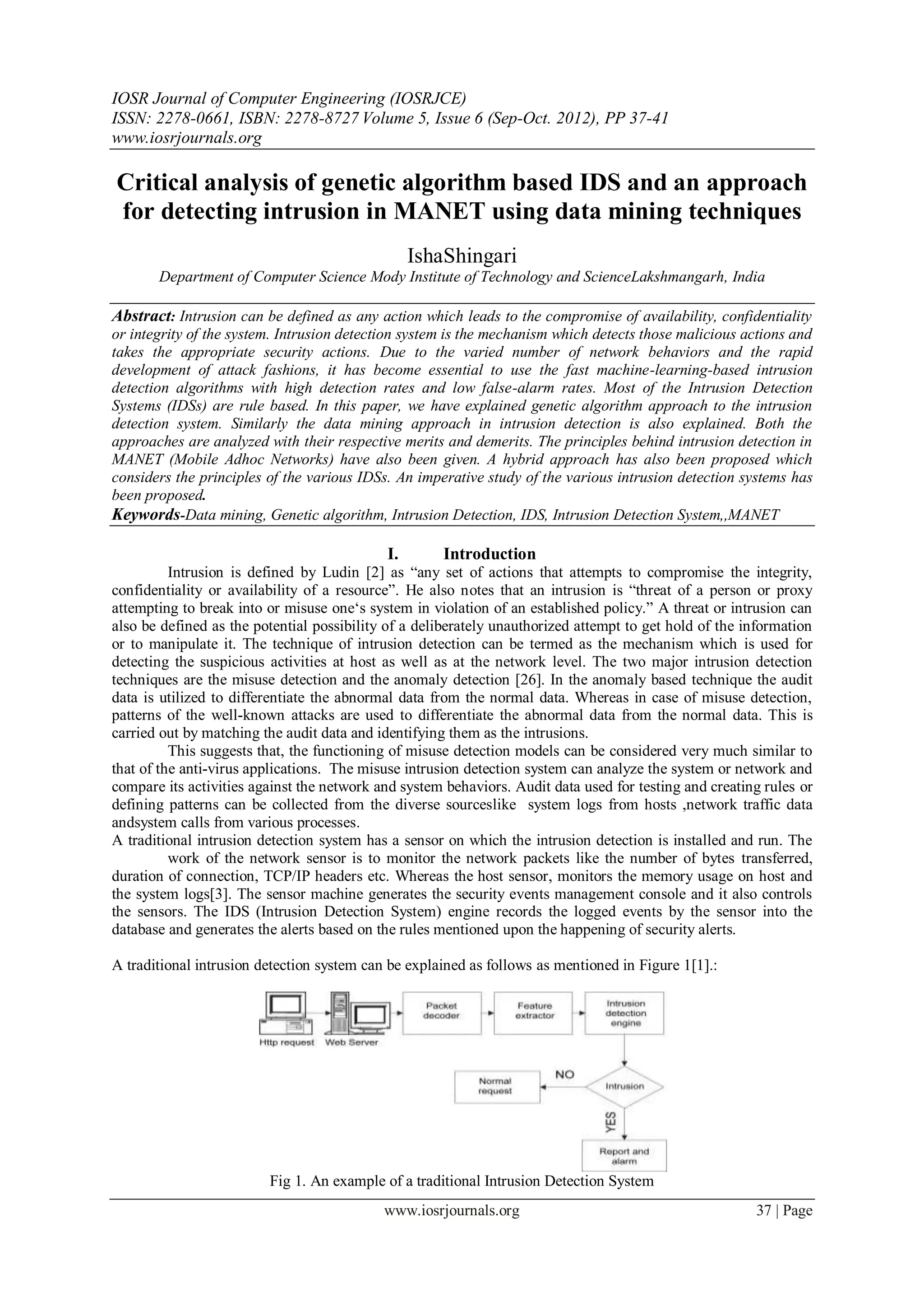 Critical Analysis Of Genetic Algorithm Based Ids And An Approach For Detecting Intrusion In