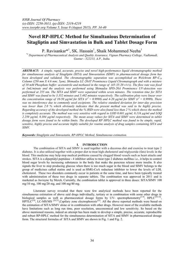 Novel RP-HPLC Method for Simultanious Determination of Sitagliptin and Simvastation in Bulk and ...
