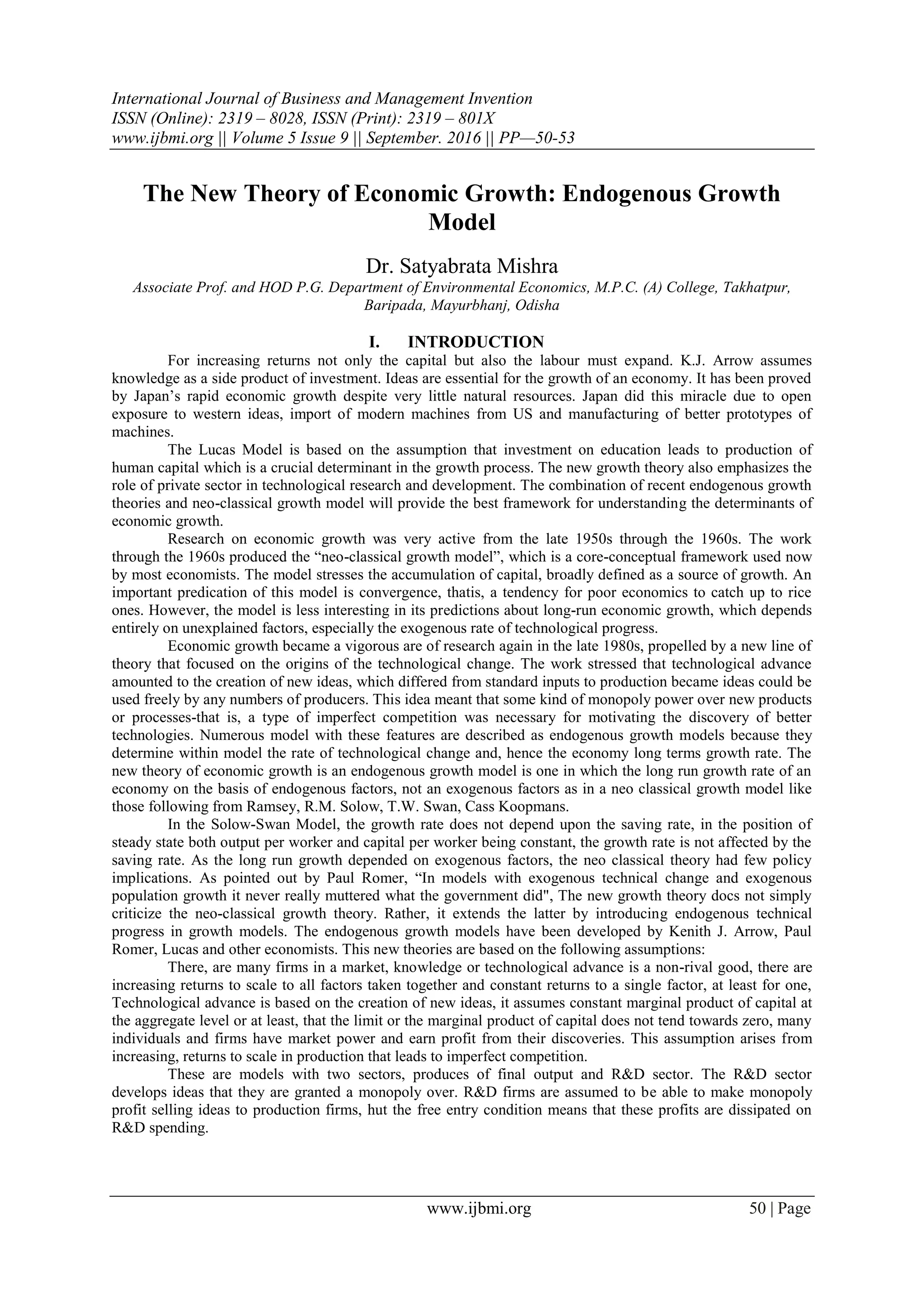 The New Theory of Economic Growth: Endogenous Growth Model | PDF