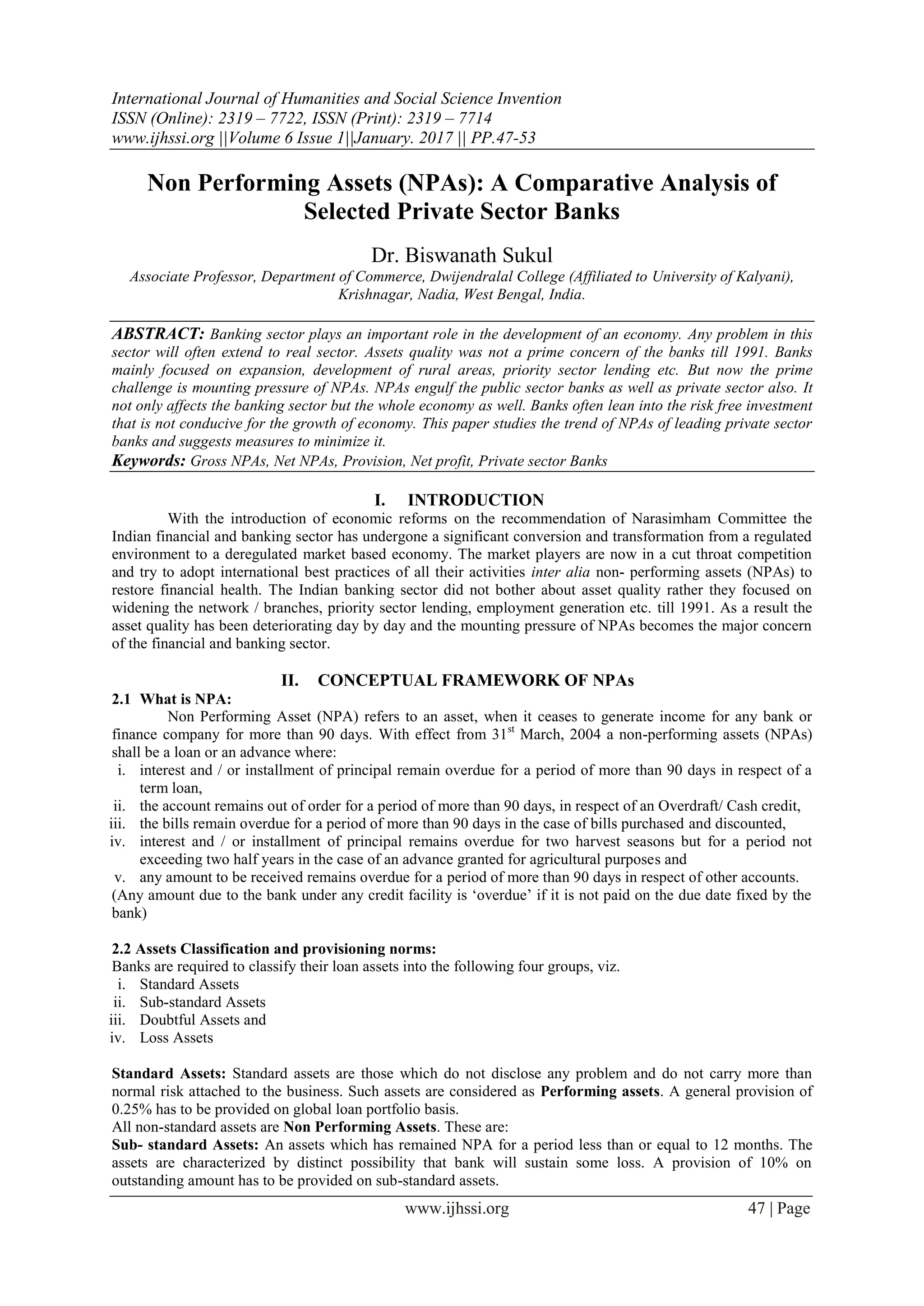 Non Performing Assets (NPAs): A Comparative Analysis of Selected ...