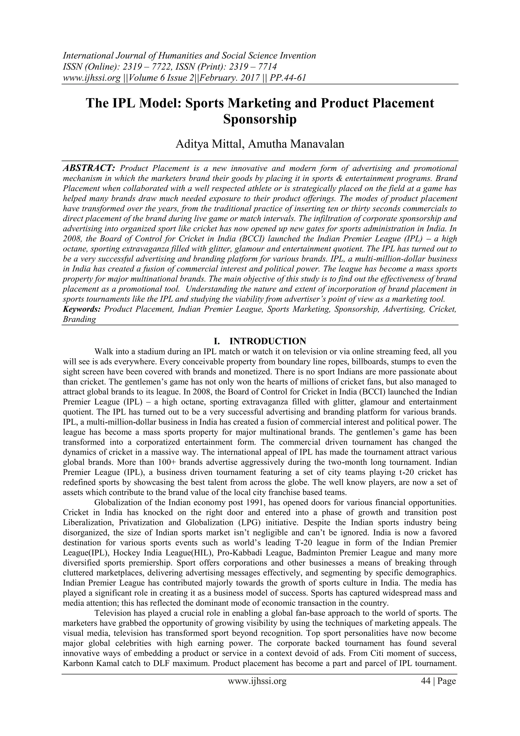 The IPL Model: Sports Marketing and Product Placement Sponsorship | PDF